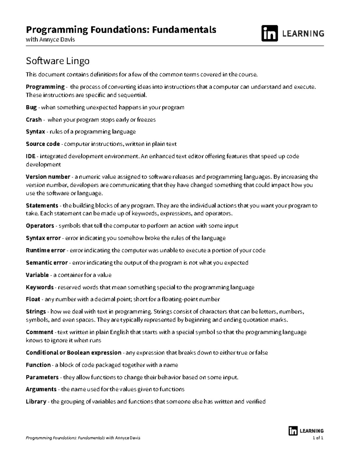 Software Lingo Programming Programming Foundations Fundamentals With Annyce Davis 1 Of 1 2072