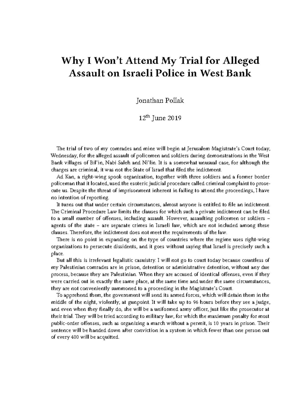 Jonathan pollak why i won t attend my trial for alleged assault on ...