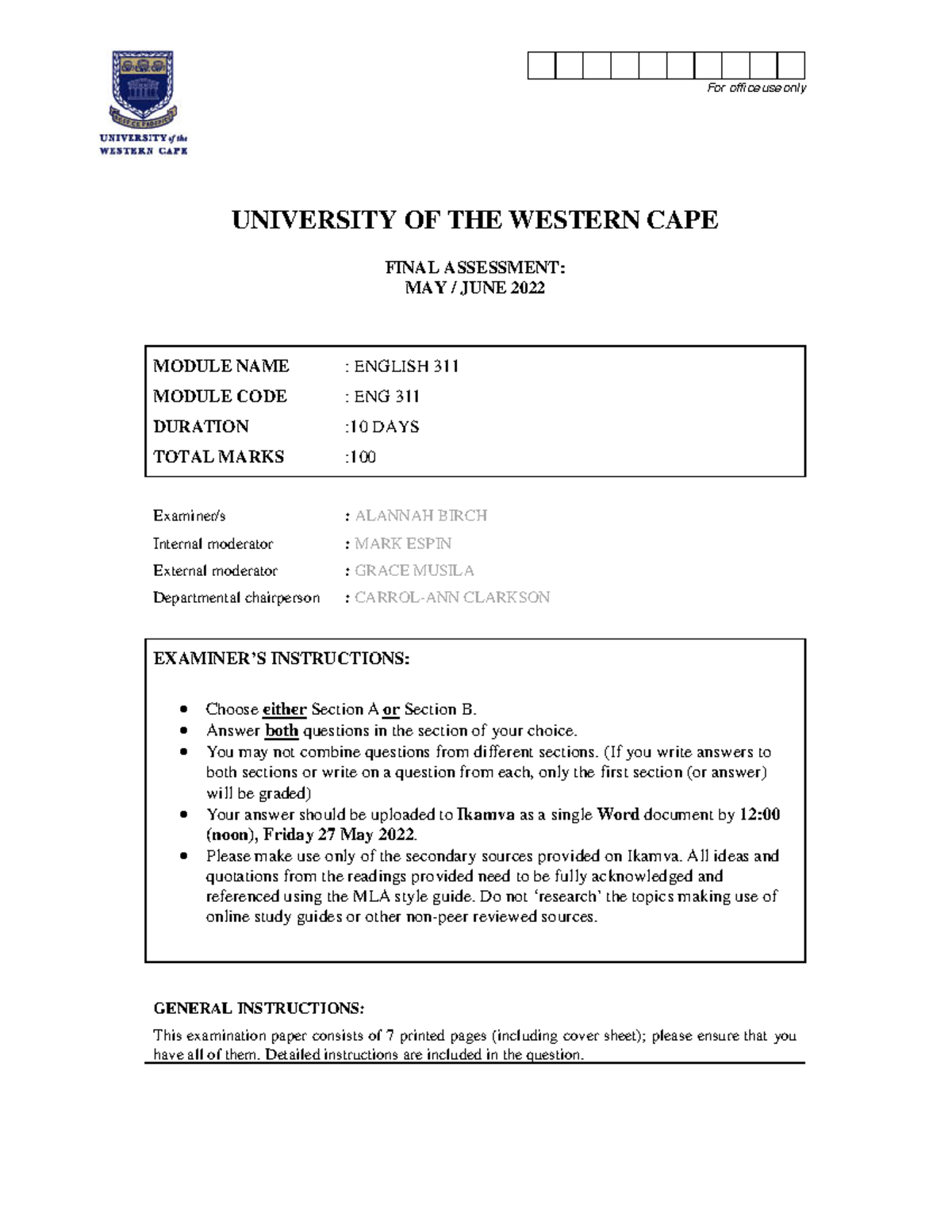 ENG311 2022 06 F - For office use only UNIVERSITY OF THE WESTERN CAPE ...