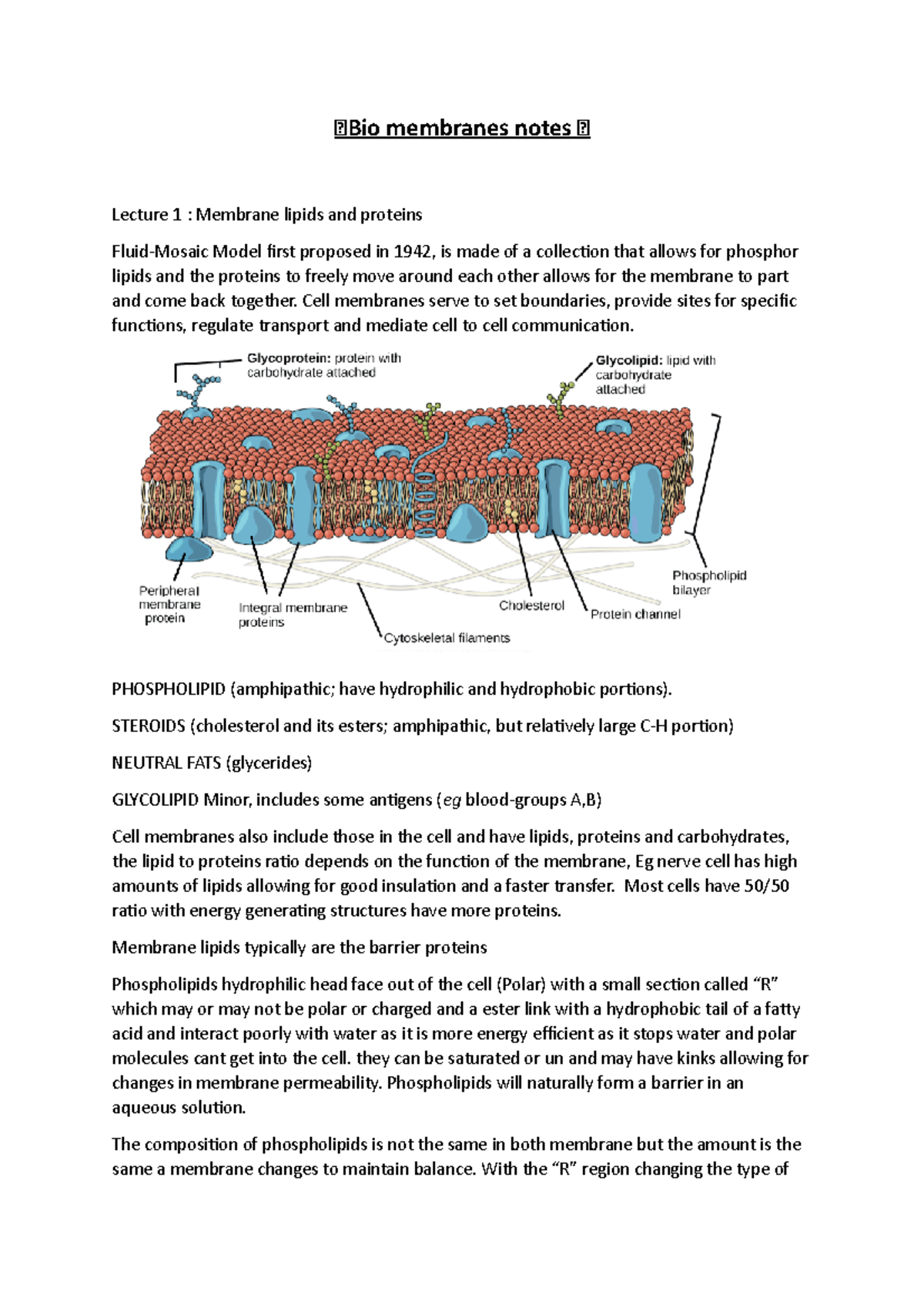 Bio membranes all - quick notes - Bio membranes notes Lecture 1 ...