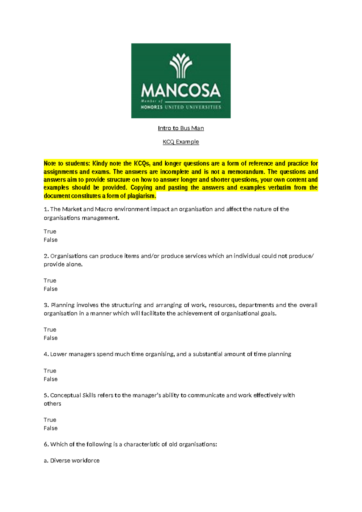 KCQ Example - Intro to Bus Man KCQ Example Note to students: Kindy note ...