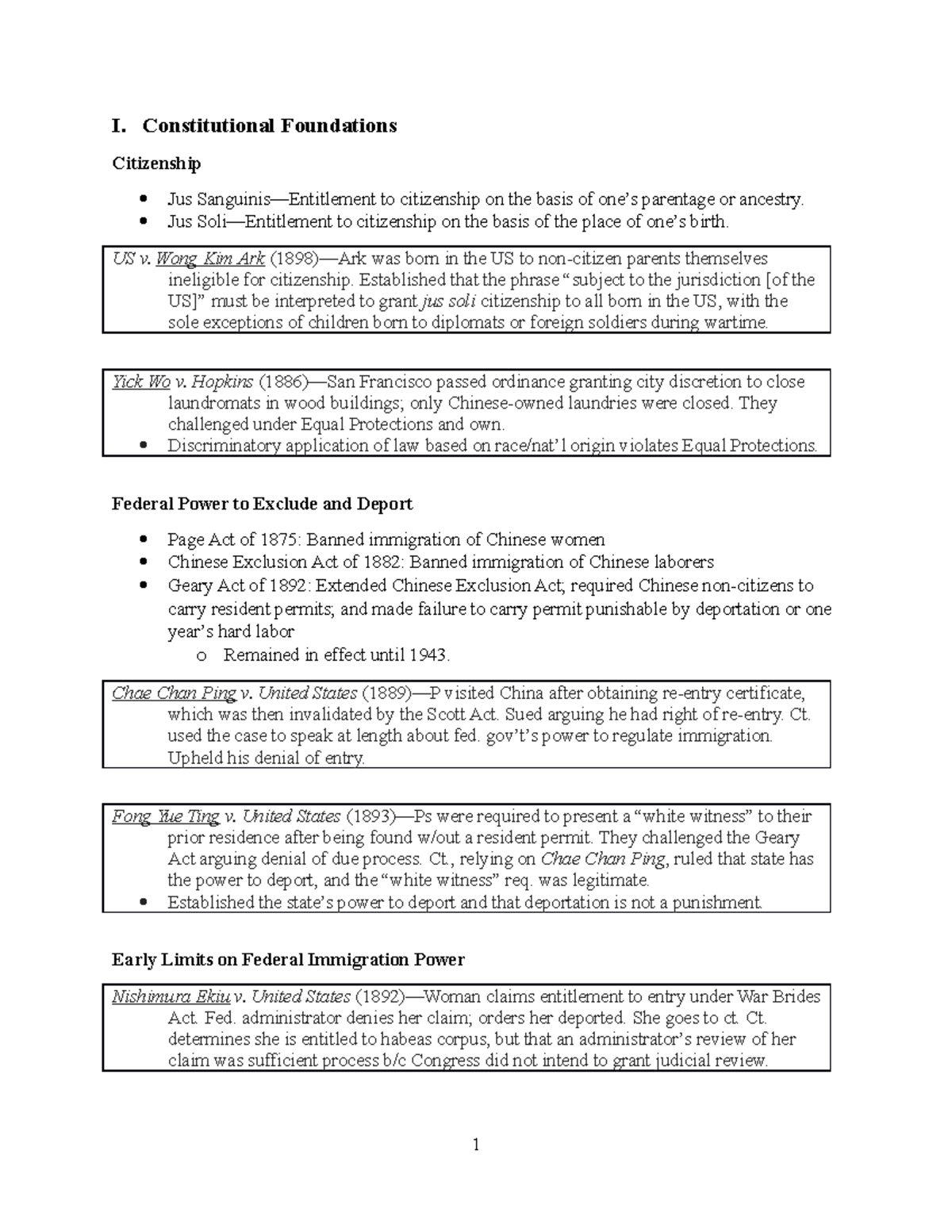 Immigration Law Cox Fall 2020 - I. Constitutional Foundations ...