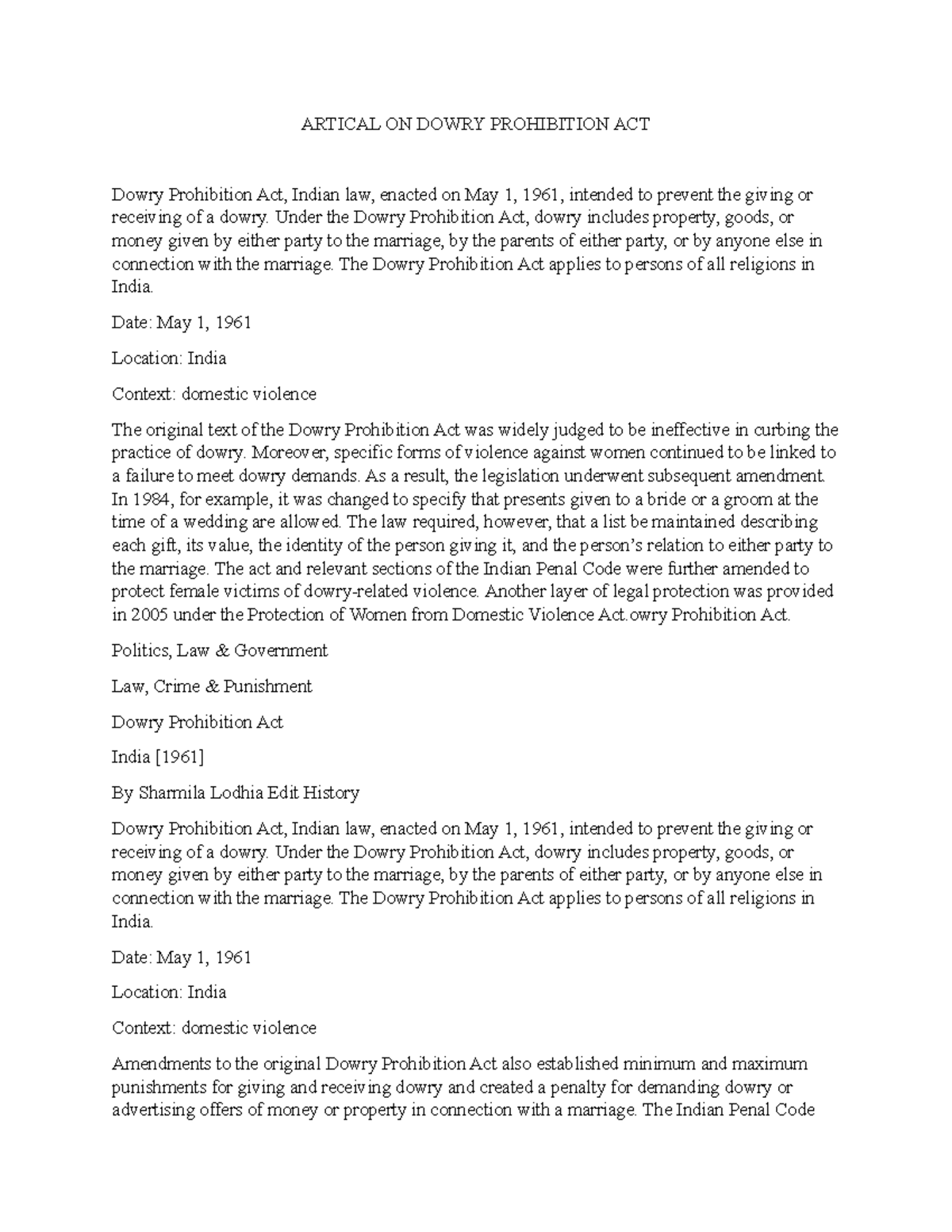 Omddse123gdgwa asdf - ARTICAL ON DOWRY PROHIBITION ACT Dowry ...