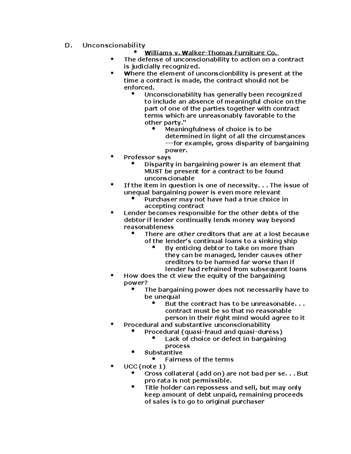 Contracts Law Outline - 3 - D. Unconscionability Williams v. Walker ...