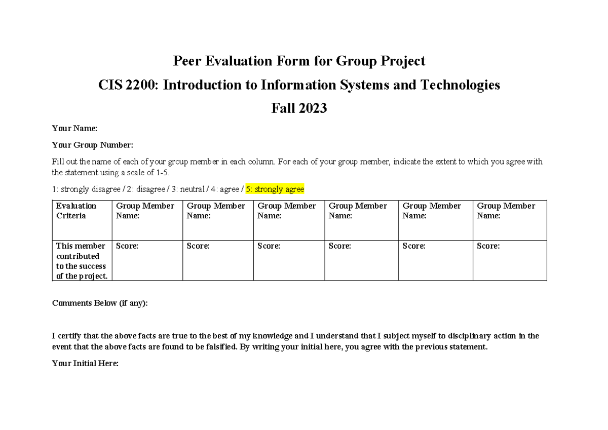 Peer Evaluation Form CIS2200 - Peer Evaluation Form for Group Project CIS 2200: Introduction to ...