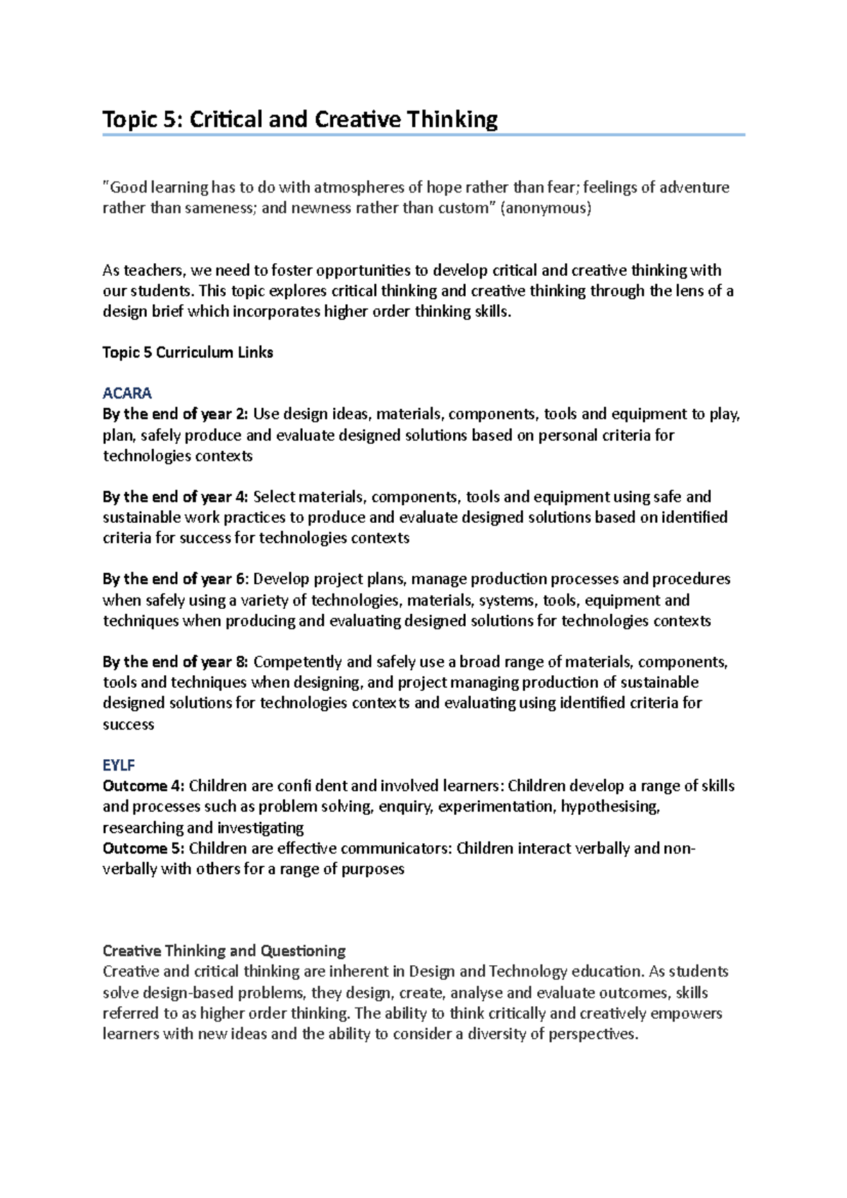 Topic 5- Critical and Creative Thinking - Topic 5: Critical and ...