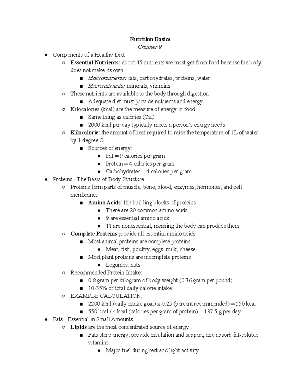 Nutrition PART 1 - n/a - Nutrition Basics Chapter 9 Components of a ...
