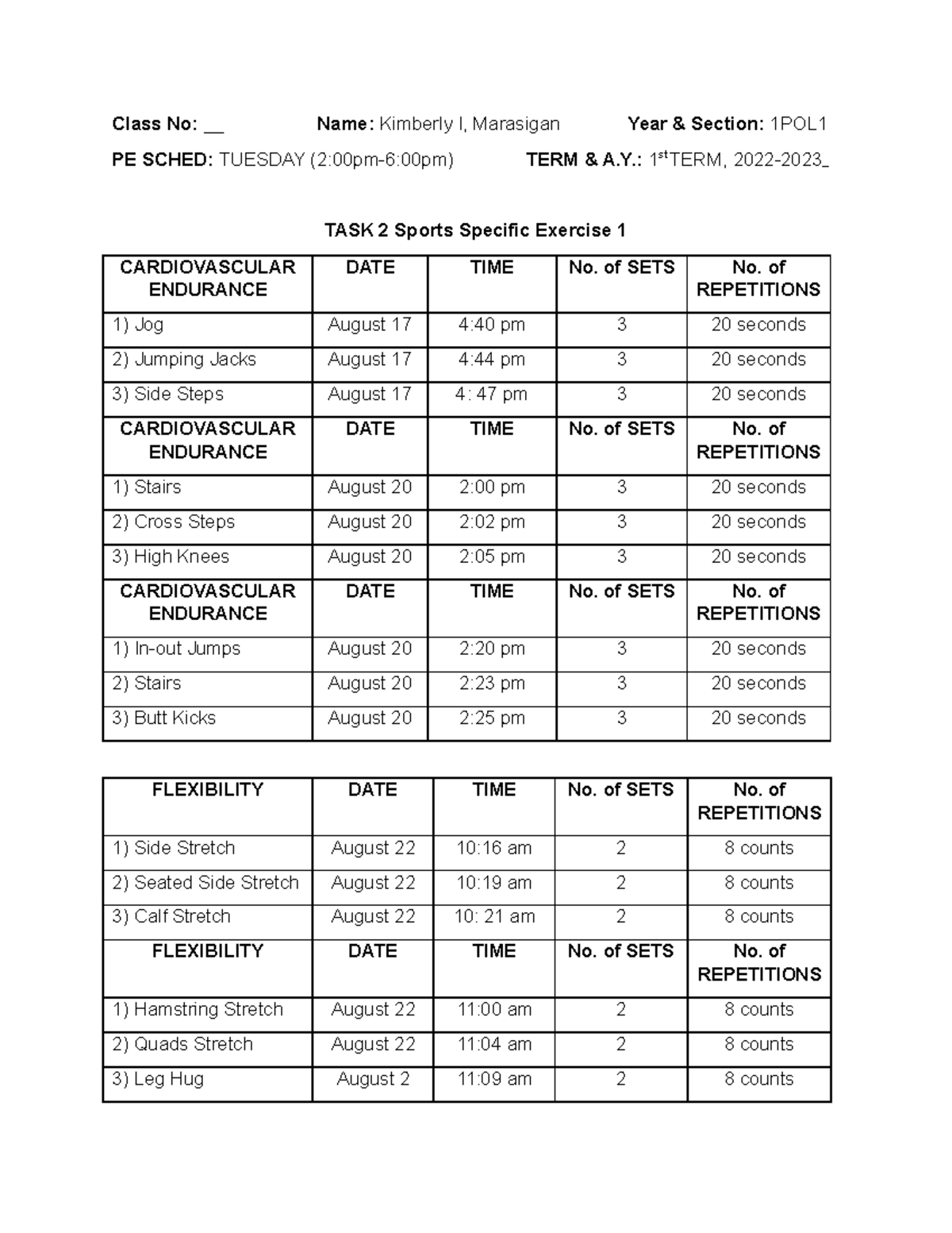 Path-Fit Task Activity Log Journal - Class No: __ Name: Kimberly I ...