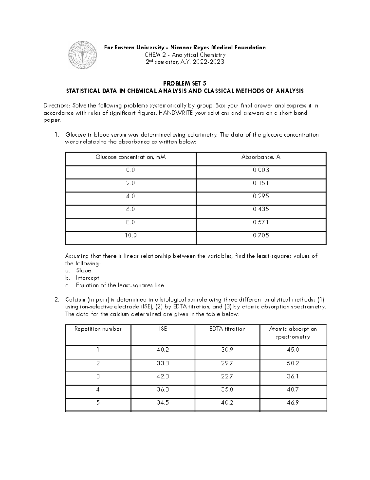 CHEM 2 Prob Set-5 - worksheet for analytical chemistry - Far Eastern University - Nicanor Reyes ...