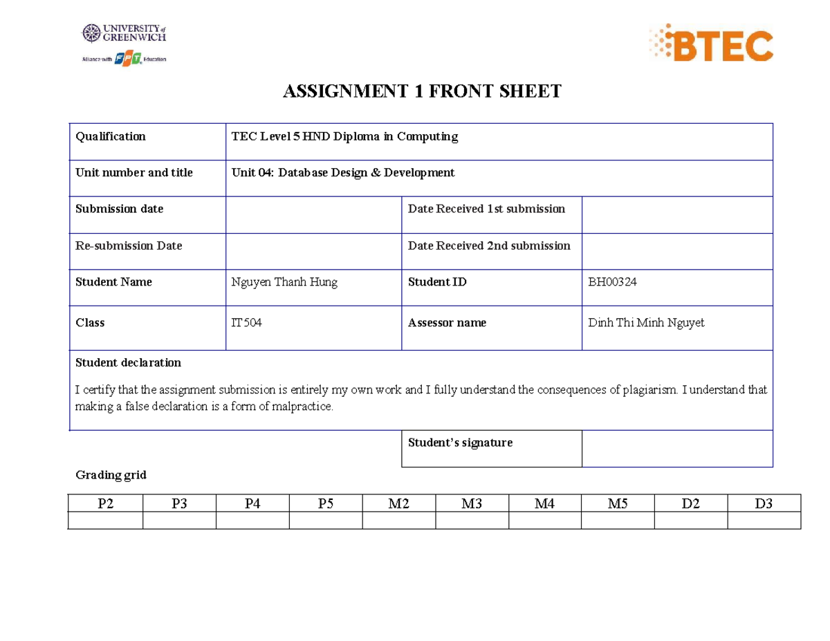 04-DDD.Assignment 2 frontsheet new - ASSIGNMENT 1 FRONT SHEET Qualification TEC Level 5 HND ...