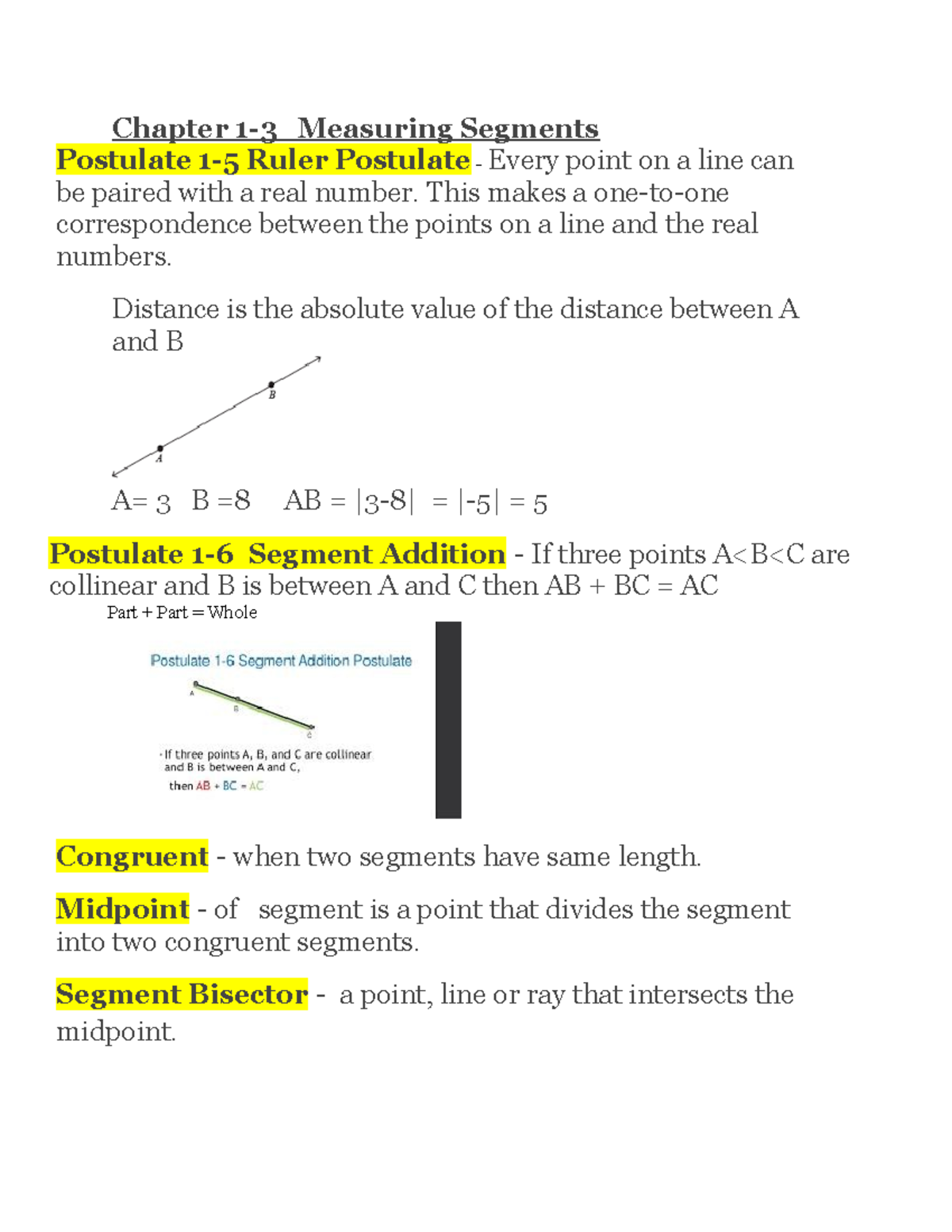 1-3 Notes - Chapter 1-3 Measuring Segments Postulate 1-5 Ruler ...