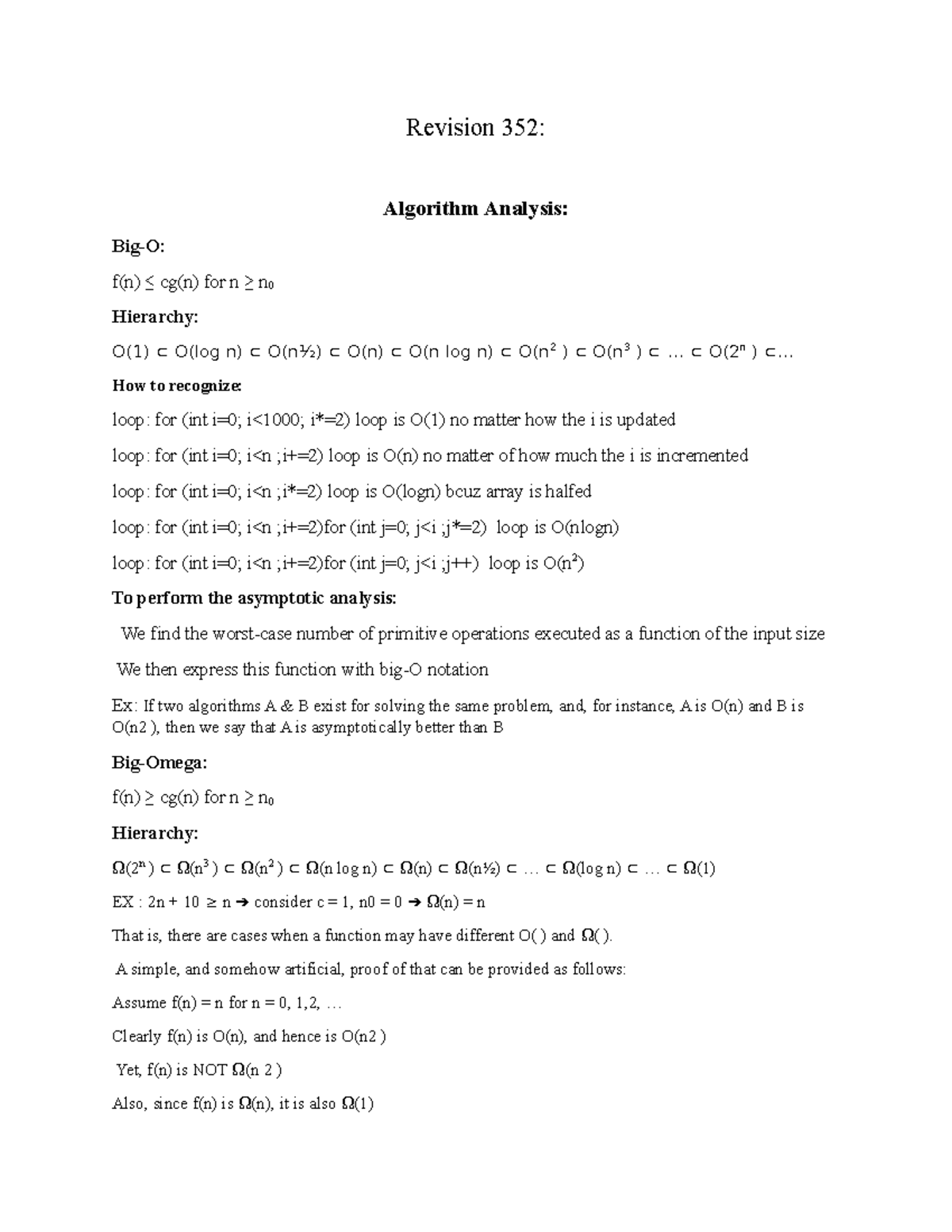 Revision 352 - Revision 352: Algorithm Analysis: Big-O: f(n) ≤ cg(n) for n ≥ n 0 Hierarchy: O(1 ...
