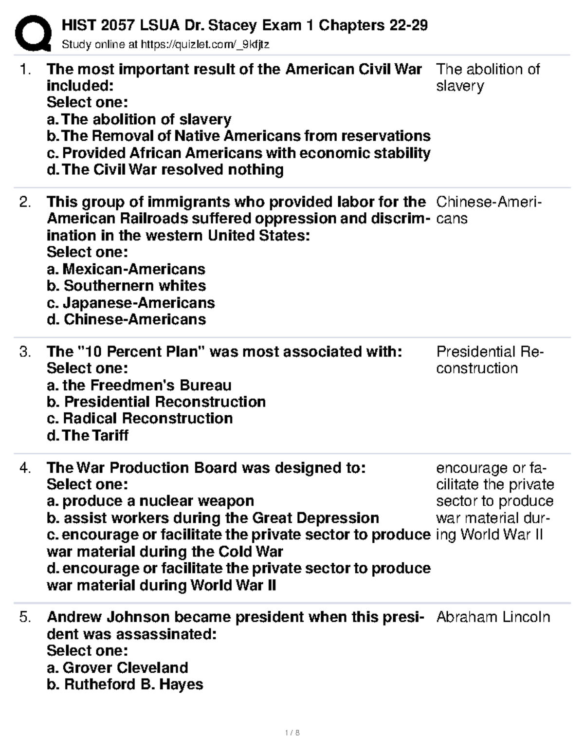 HIST 2057 LSUA Dr. Stacey Exam 1 Chapters 22-29 - Study online at ...