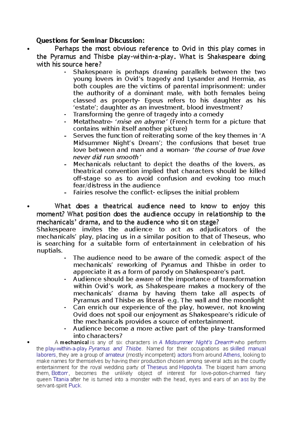 Questions for Seminar Discussion A Midsummer Night's Dream - Questions ...