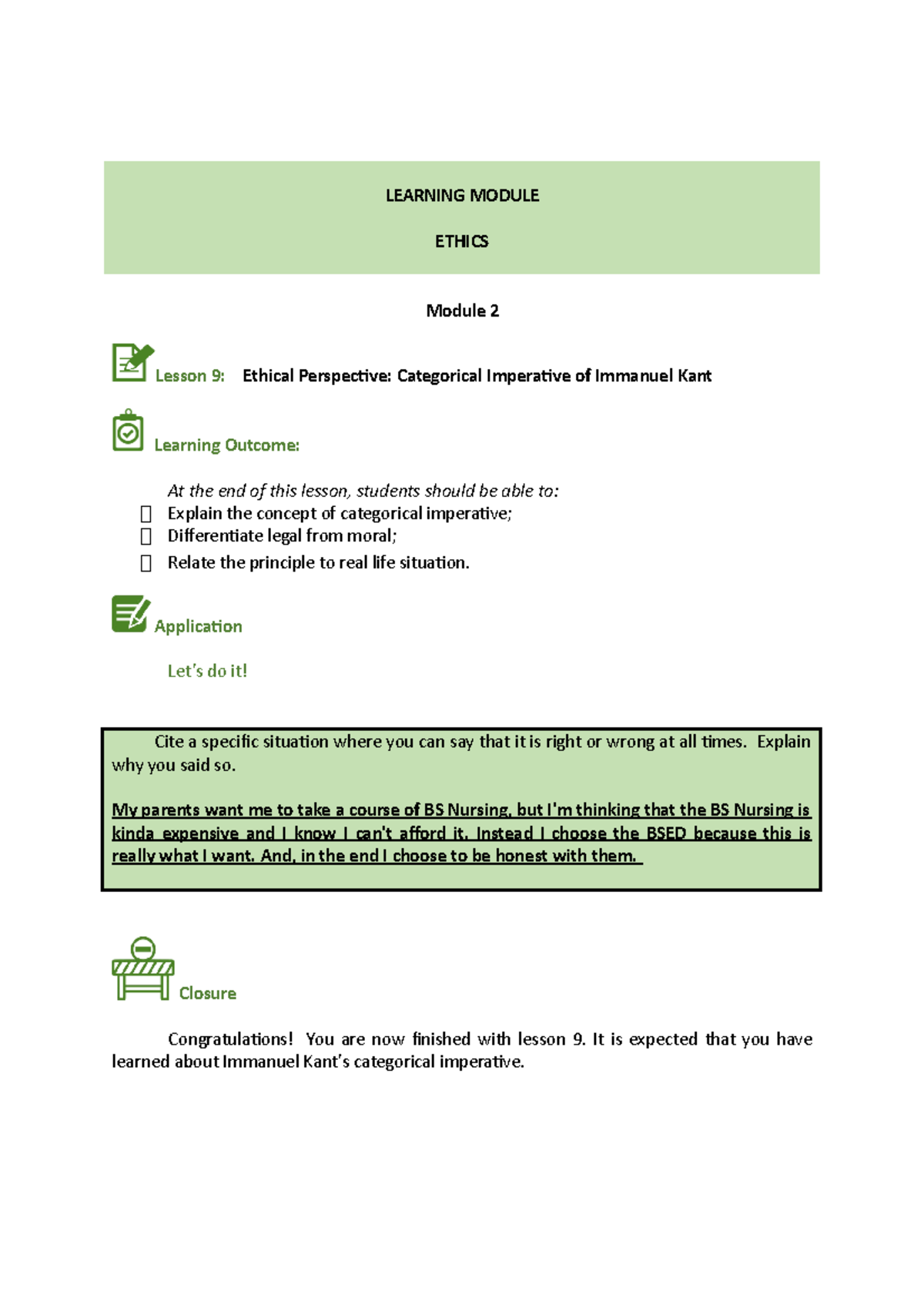 Philo 10 Lesson 9 application - LEARNING MODULE ETHICS Module 2 Lesson 9: Ethical Perspective ...