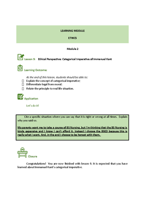 Philo 10 Lesson 10 Application - LEARNING MODULE ETHICS Module 2 Lesson ...