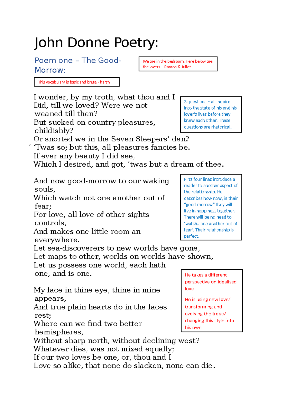 7. Poetry - Donne xtra notes - John Donne Poetry: Poem one – The Good ...