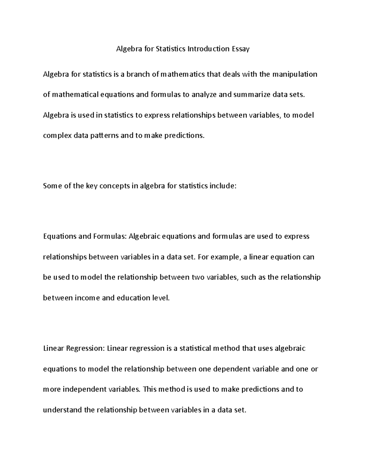 Algebra for Statistics Introduction Essay - Algebra is used in ...