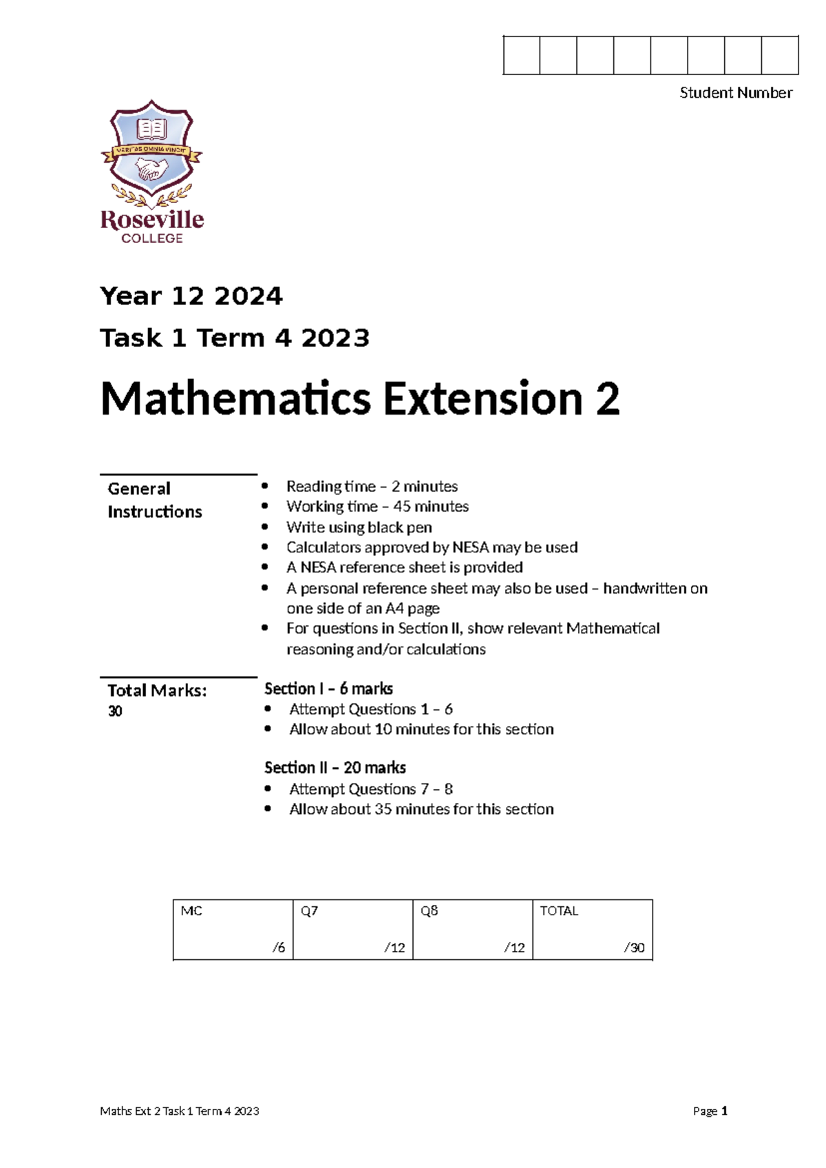 2024 year 12 extension 2 task 1 term 4 2023 - Year 12 2024 Task 1 Term 4 2023 Mathematics ...