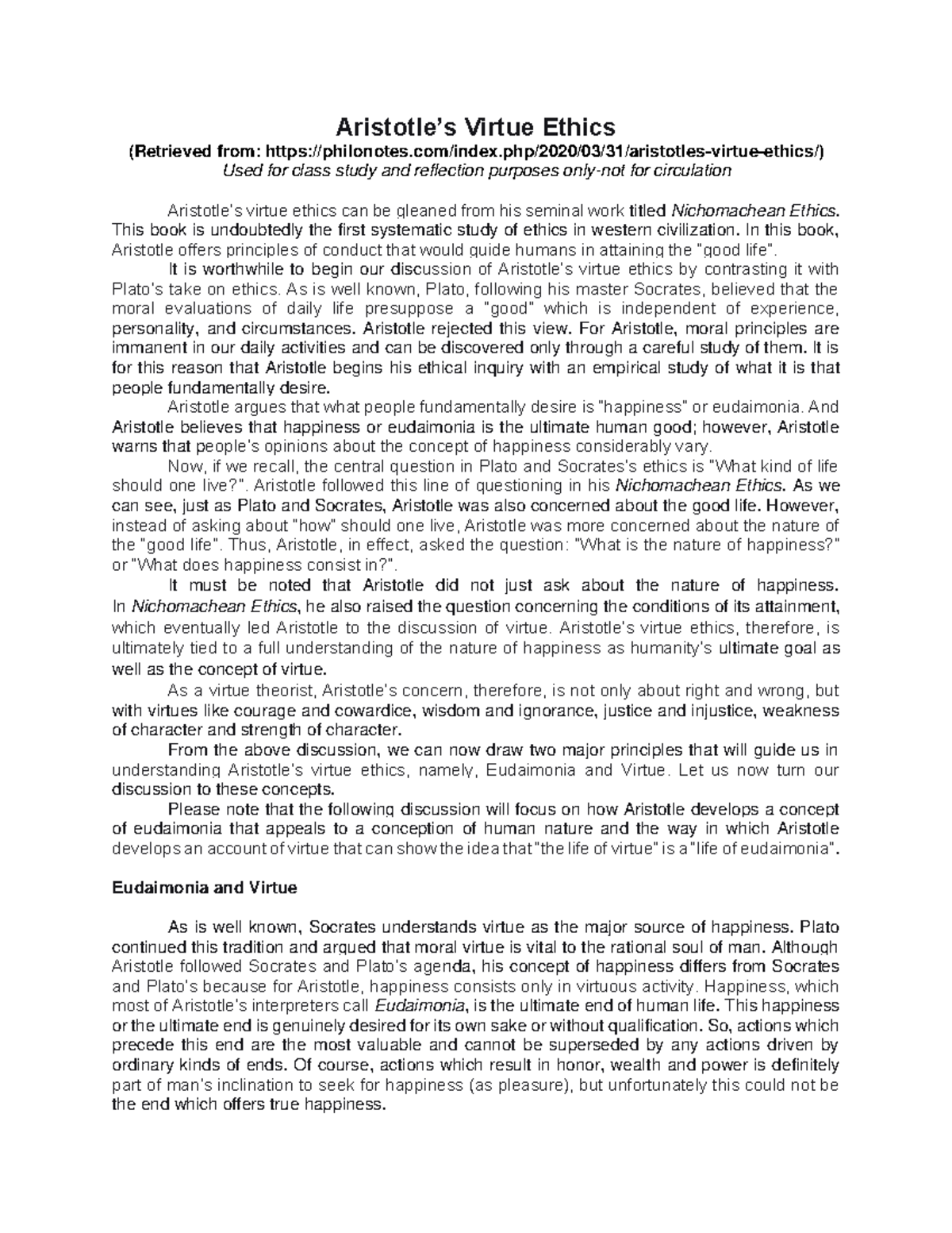 GE 8 Module 4 Required Readings handouts - Aristotle’s Virtue Ethics ####### (Retrieved from ...