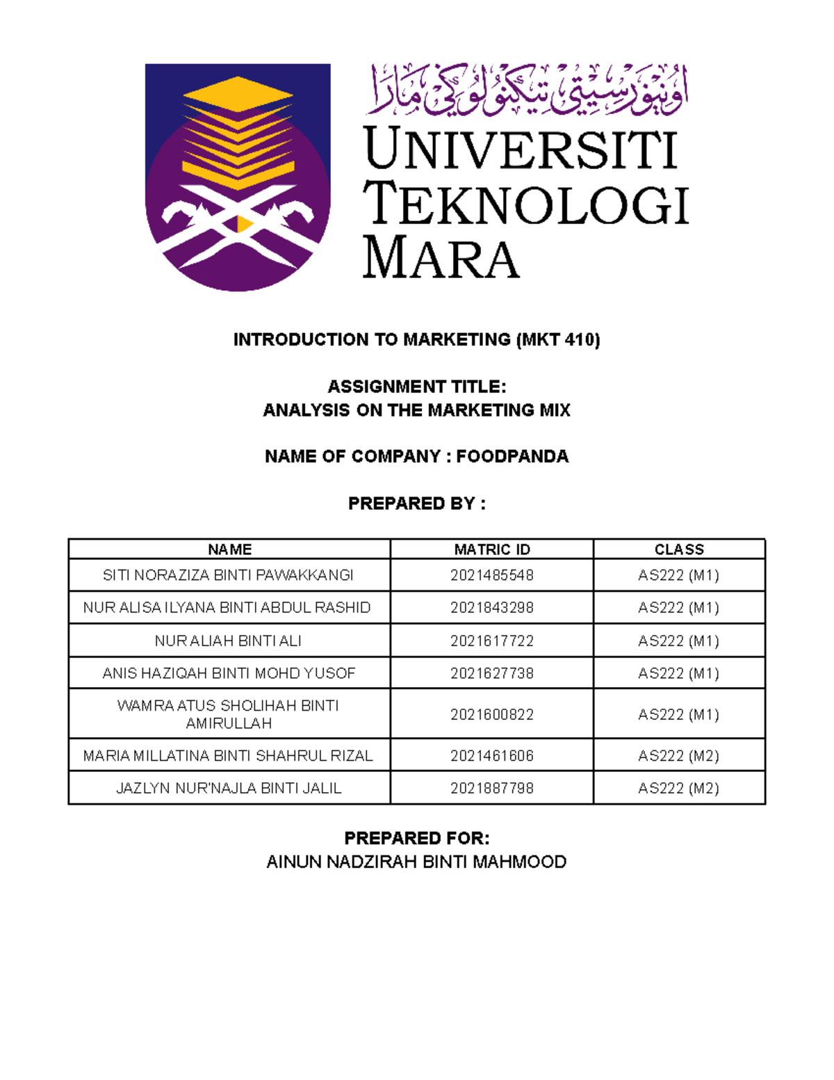 MKT Assignment 2 ( Foodpanda Company Group 5 AS222) - INTRODUCTION TO ...