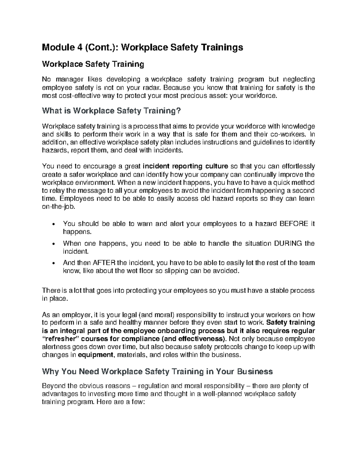 Module 4 Cont 4 Workplace safety trainings - Module 4 (Cont ...