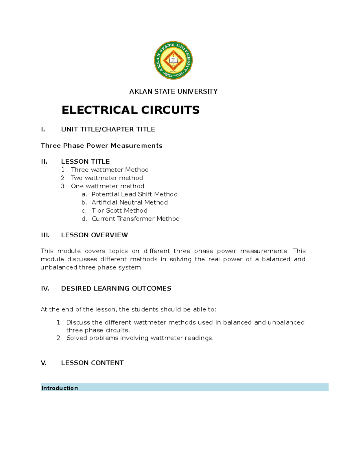 Electrical Circuits 1- Three Phase Power Measurements - AKLAN STATE ...