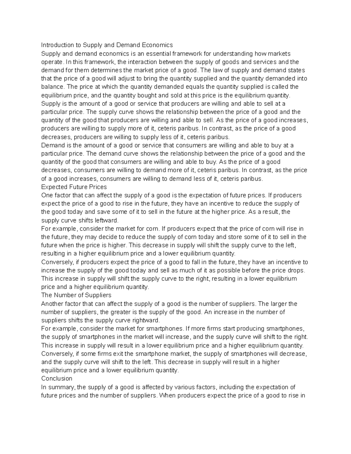 ECON101 lecture notes 20 - Introduction to Supply and Demand Economics ...