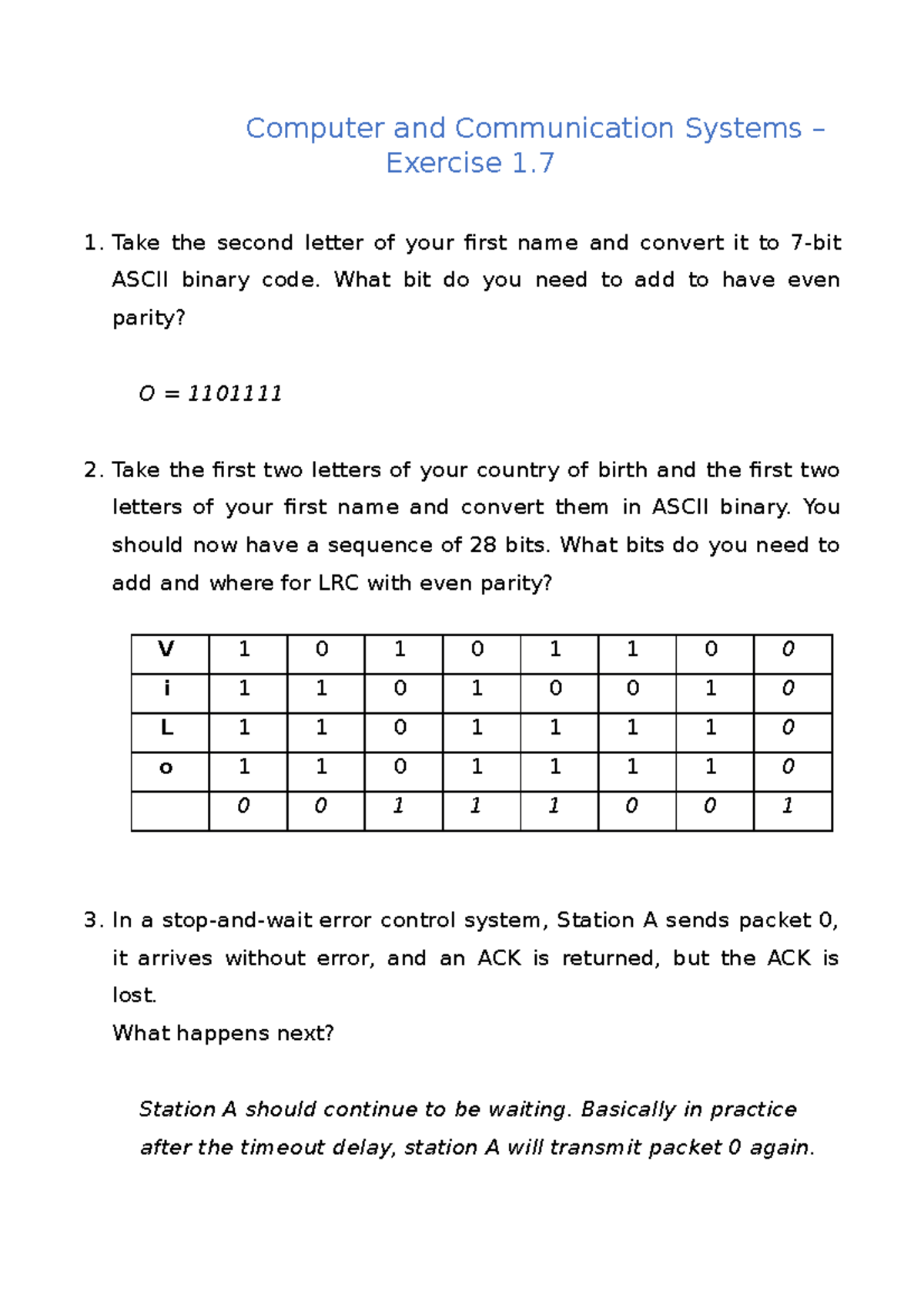 Ex 1 - Exercise - Computer and Communication Systems – Exercise 1. Take ...