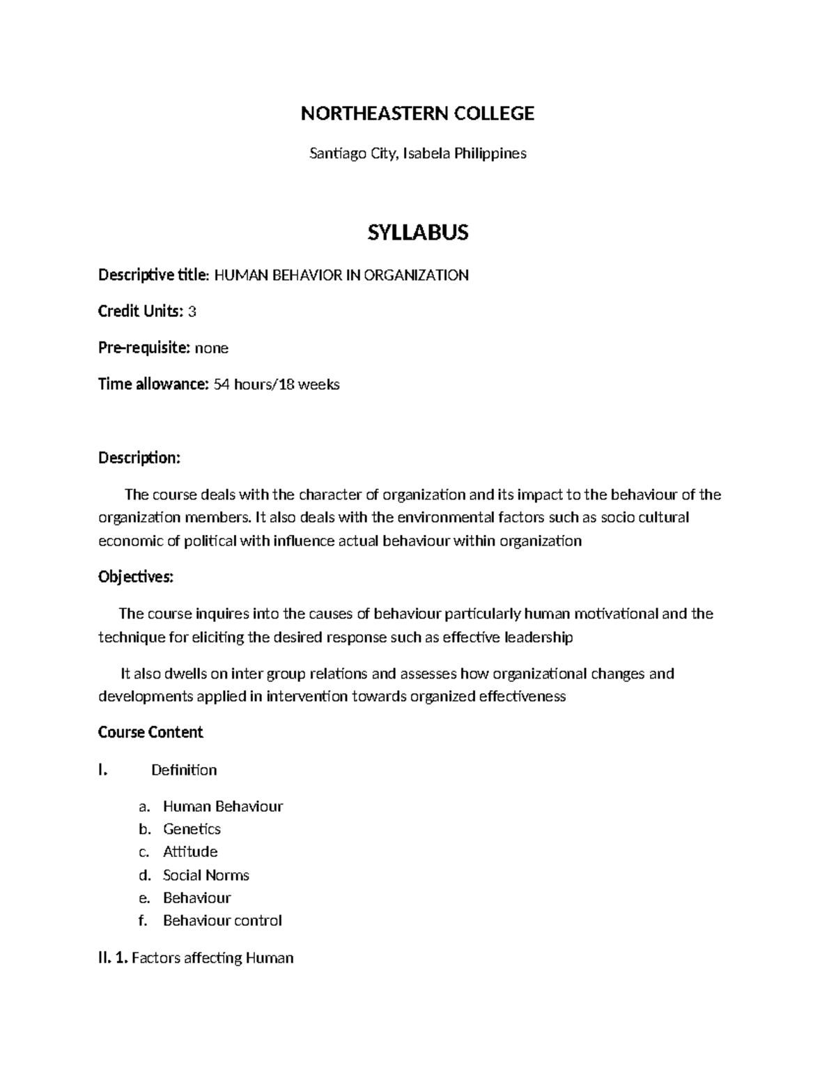 Northeastern College huaman behaviour - NORTHEASTERN COLLEGE Santiago ...