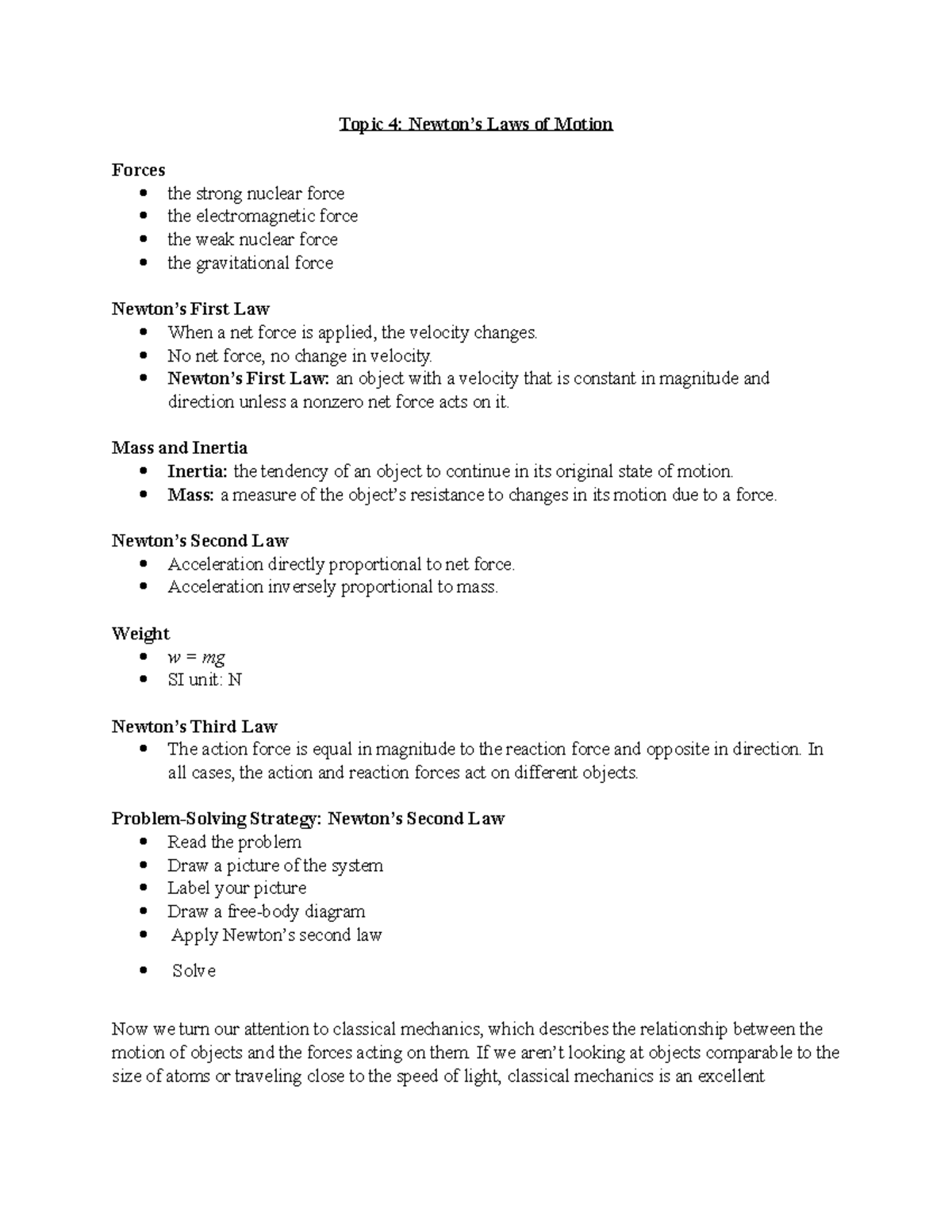 Introduction to Physics I, Newton's Laws of Motion [ All Notes and ...