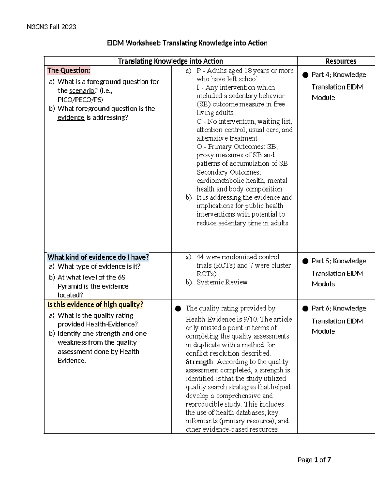 EIDM Worksheet Translating Knowledge into Action 1 - EIDM Worksheet: Translating Knowledge into ...