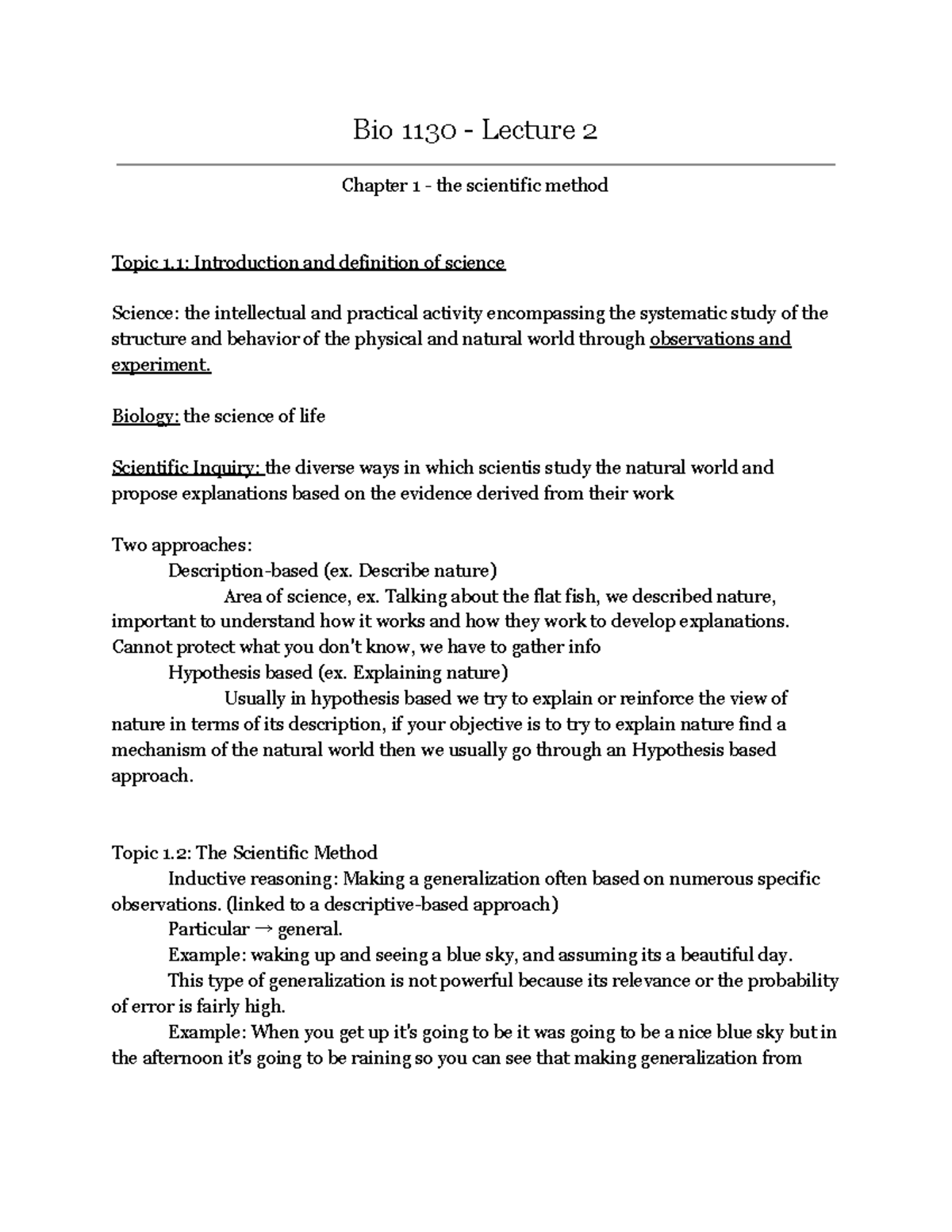 Bio 1130 - Notes Document - Bio 1130 - Lecture 2 Chapter 1 - the ...