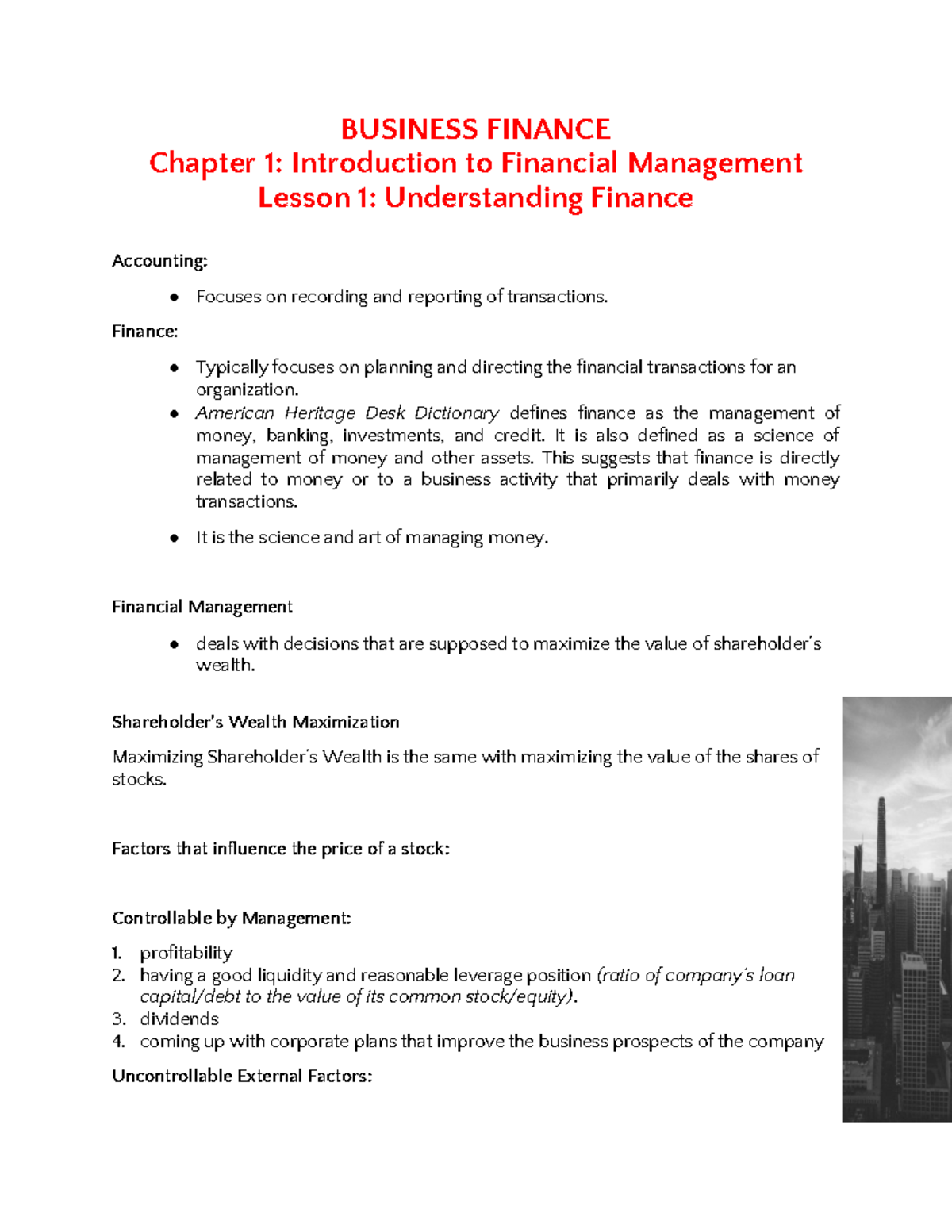 Business Finance - BUSINESS FINANCE Chapter 1: Introduction to ...