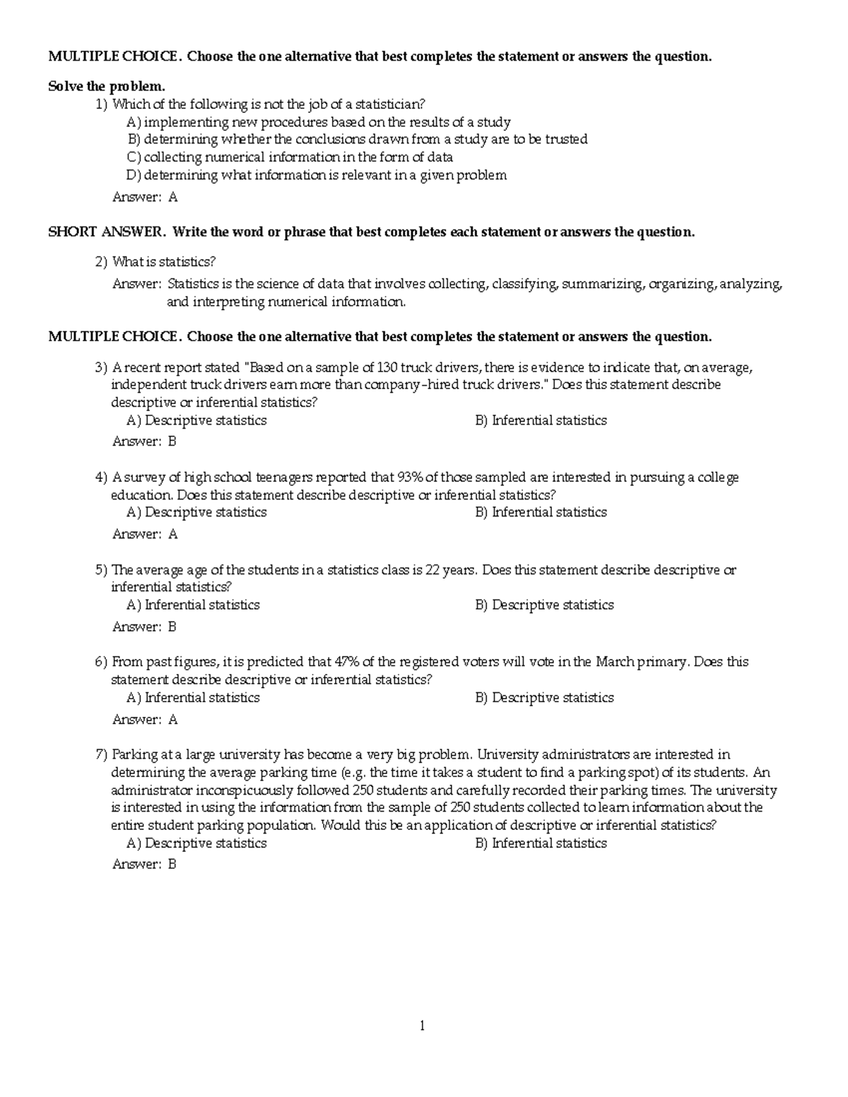 Statistics 2500-1 - Practice Questions - MULTIPLE CHOICE. Choose the ...