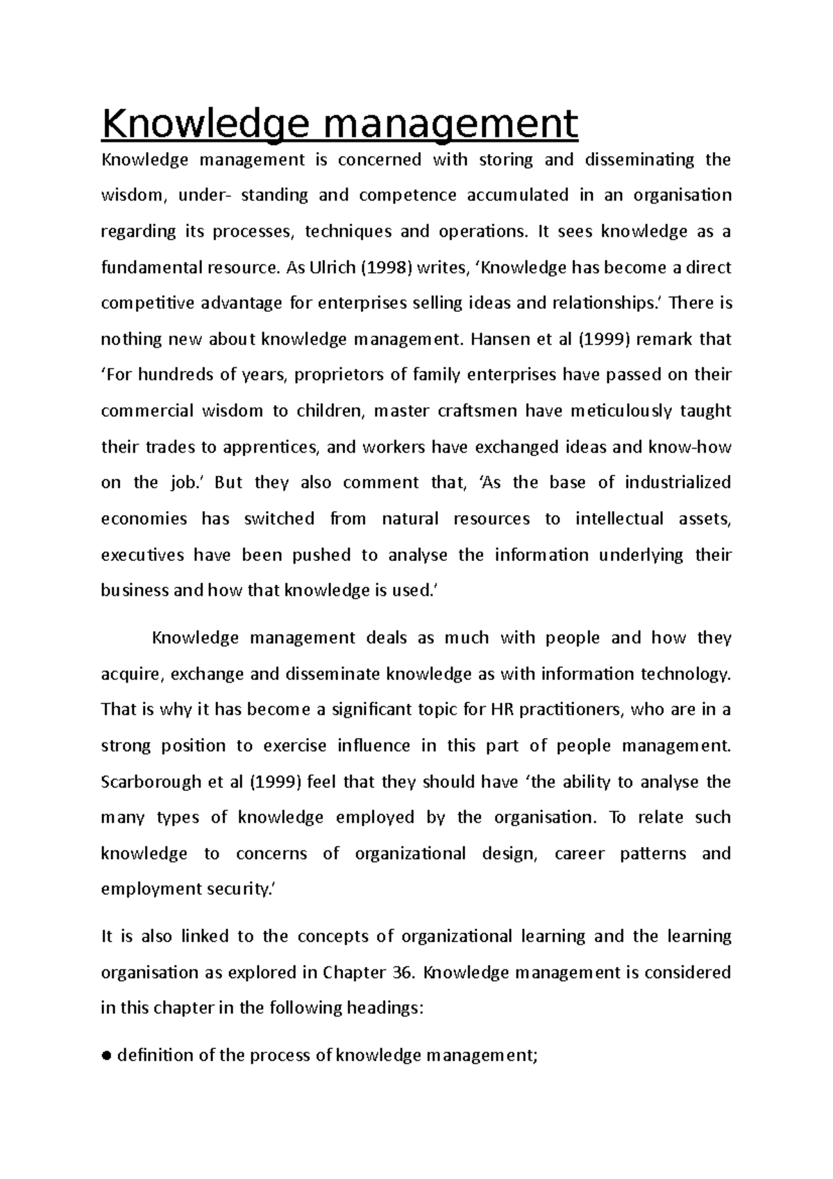 Knowledge management - Human Resource Management - BHU - StuDocu