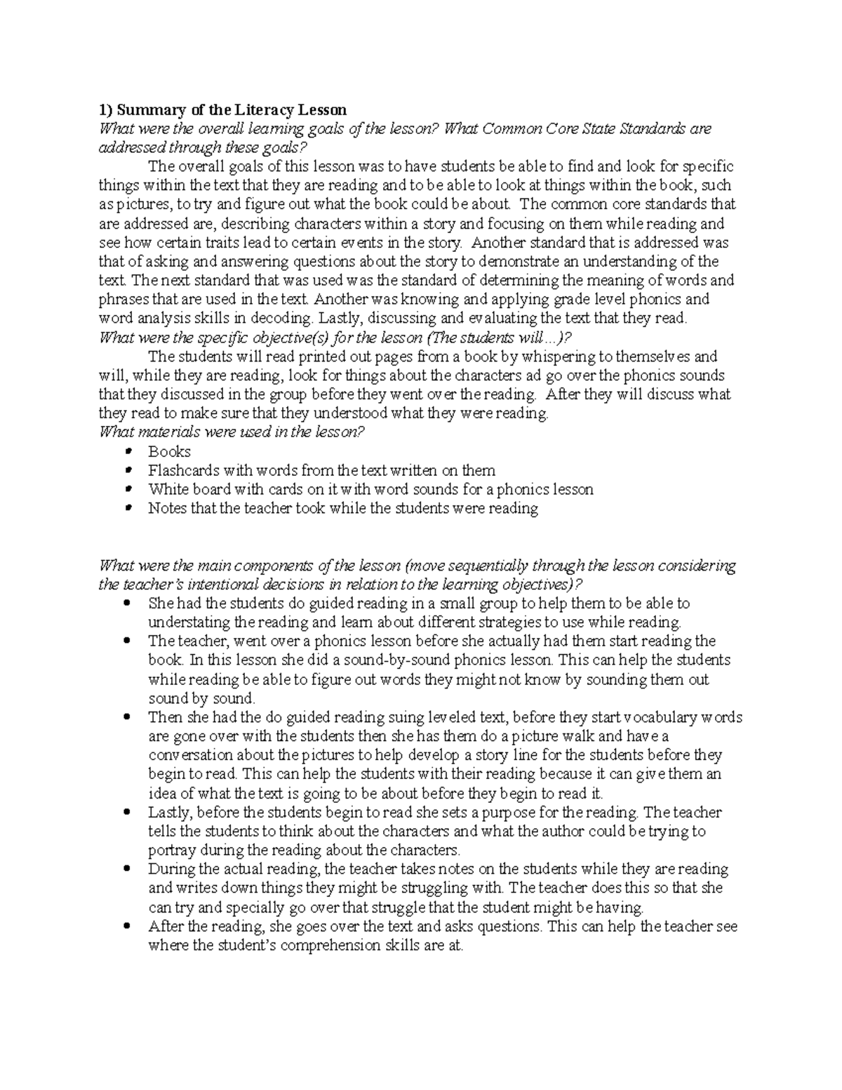 Video Analysis Template 3 - 1) Summary of the Literacy Lesson What were ...