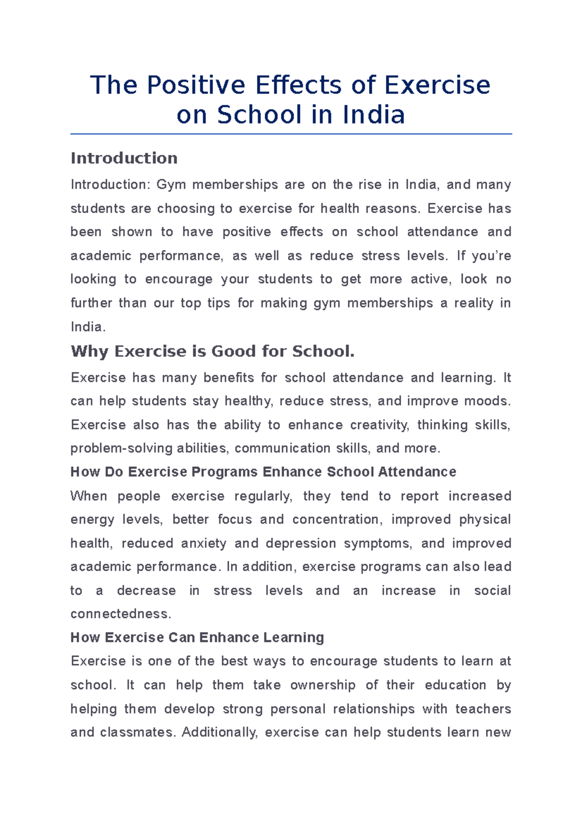 The Positive Effects of Exercise on School in India - The Positive ...