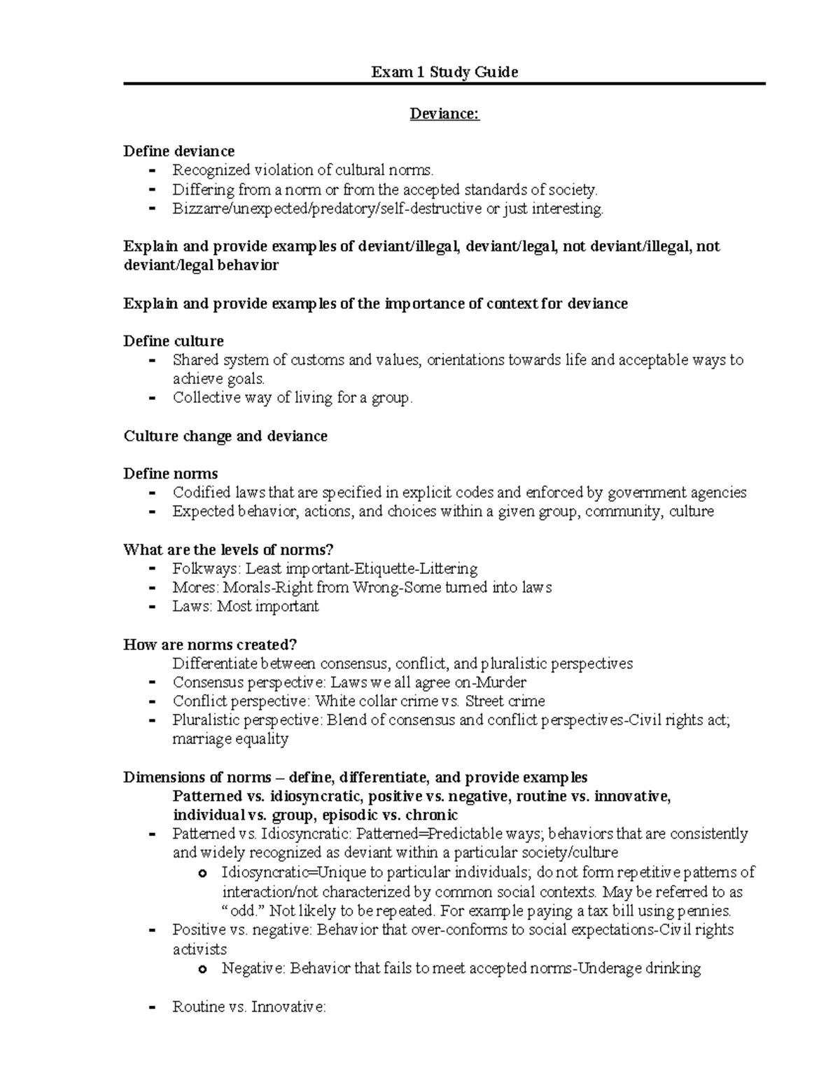 Exam 1 Study Guide - Chapter 1 - Exam 1 Study Guide Deviance: Define ...