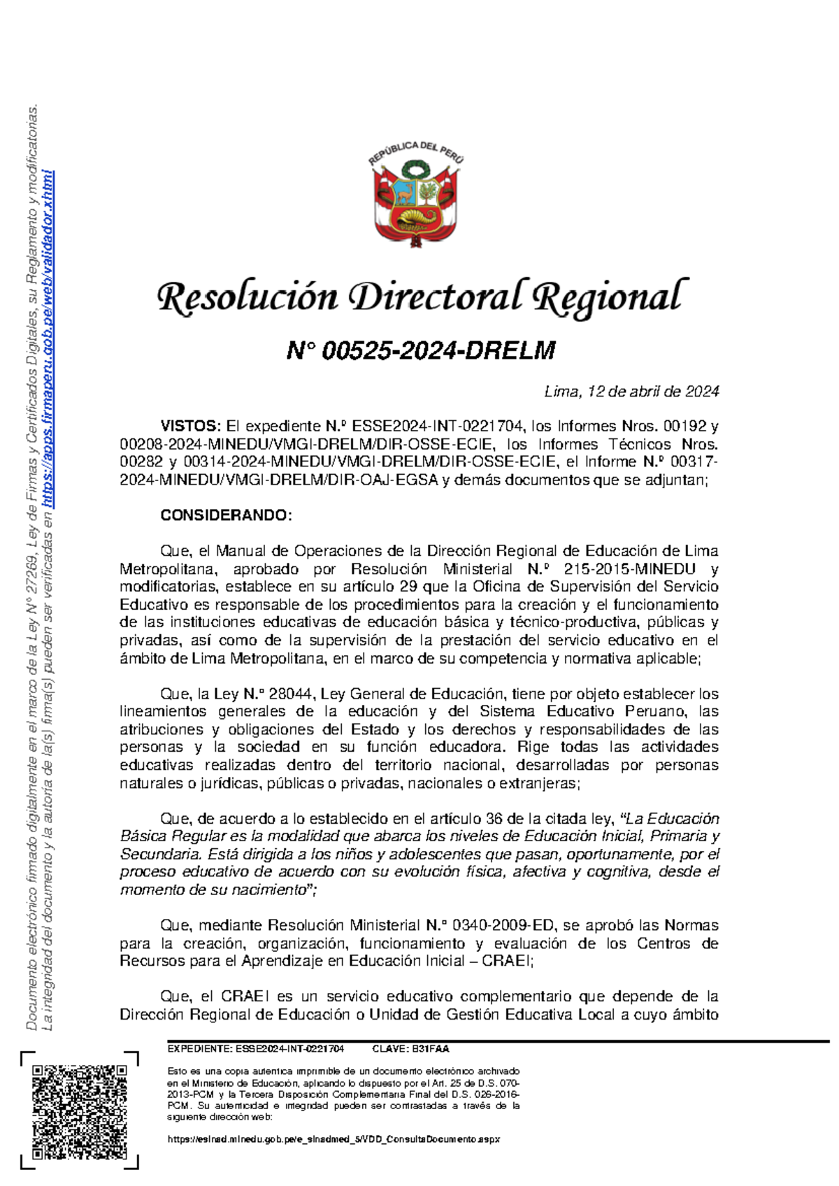 Resolucion Directoral Regional-00525-2024- Drelm - Documento electrónico firmado digitalmente en ...
