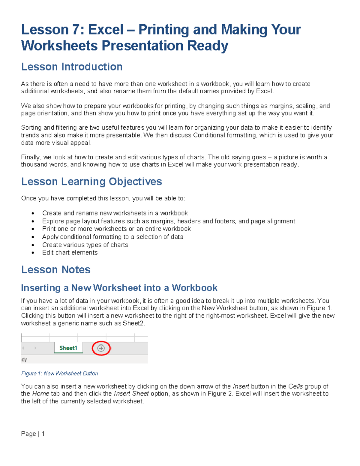 Lesson 7 - Lecture notes 7 - Lesson 7 : Excel – Printing and Making ...