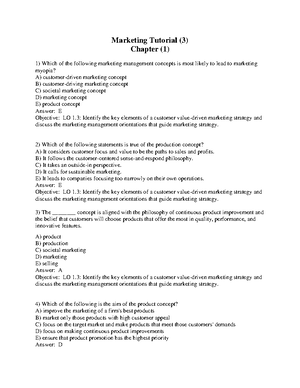 Tutorial 4 - questions - Principles of Marketing: Tutorial (4) Chapter 1: Creating Customer ...