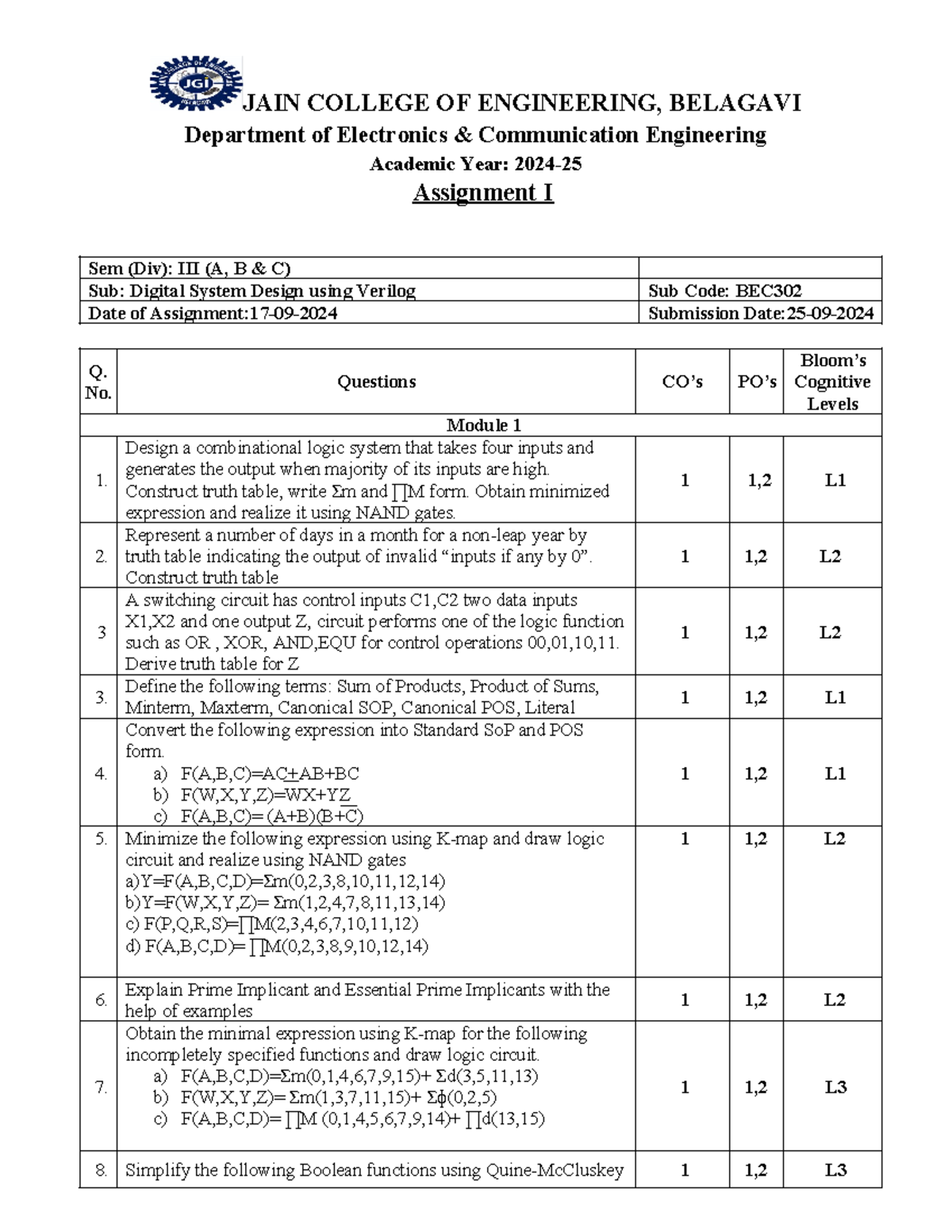 Assignment 1 BEC302 - JAIN COLLEGE OF ENGINEERING, BELAGAVI Department of Electronics & - Studocu