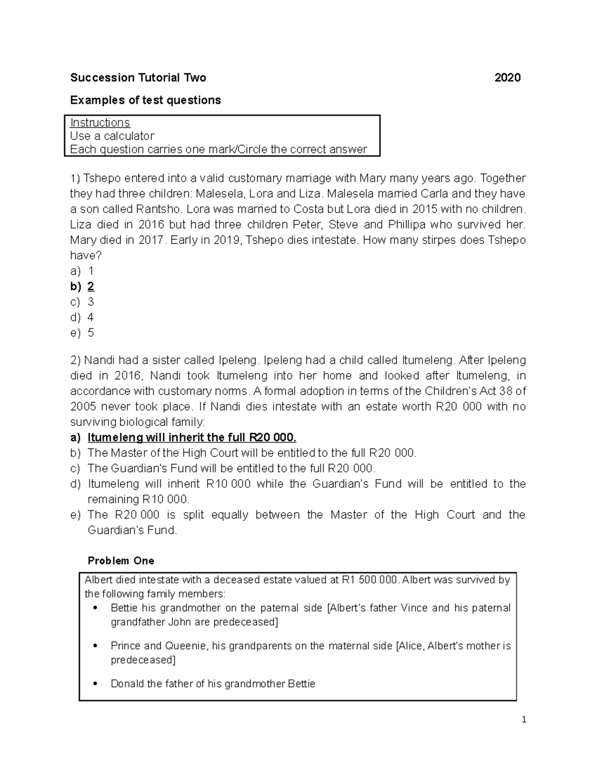 Succession Tutorial Two Mcq 2020 Memo Succession Tutorial Two 2020 Examples Of Test Questions