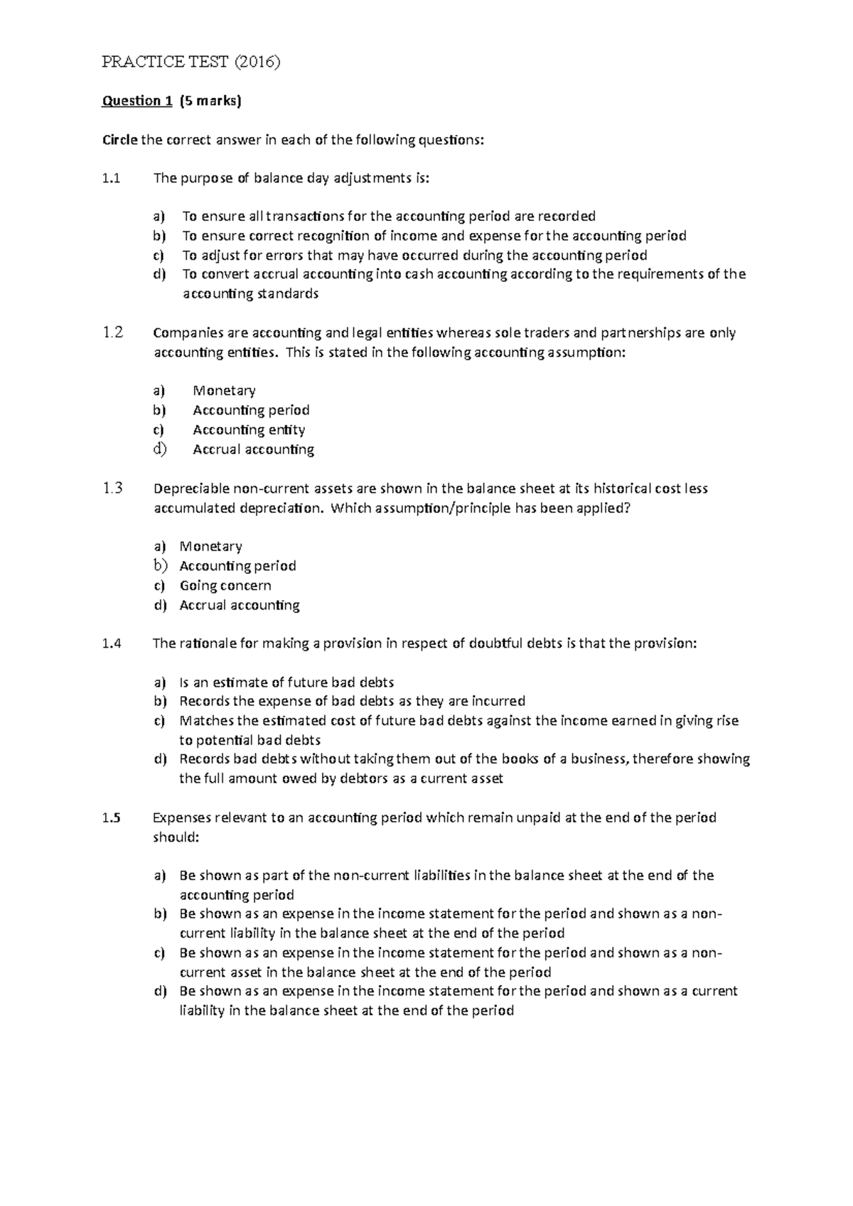 2015 Accounting Practice TEST - PRACTICE TEST (2016) Question 1 (5 ...