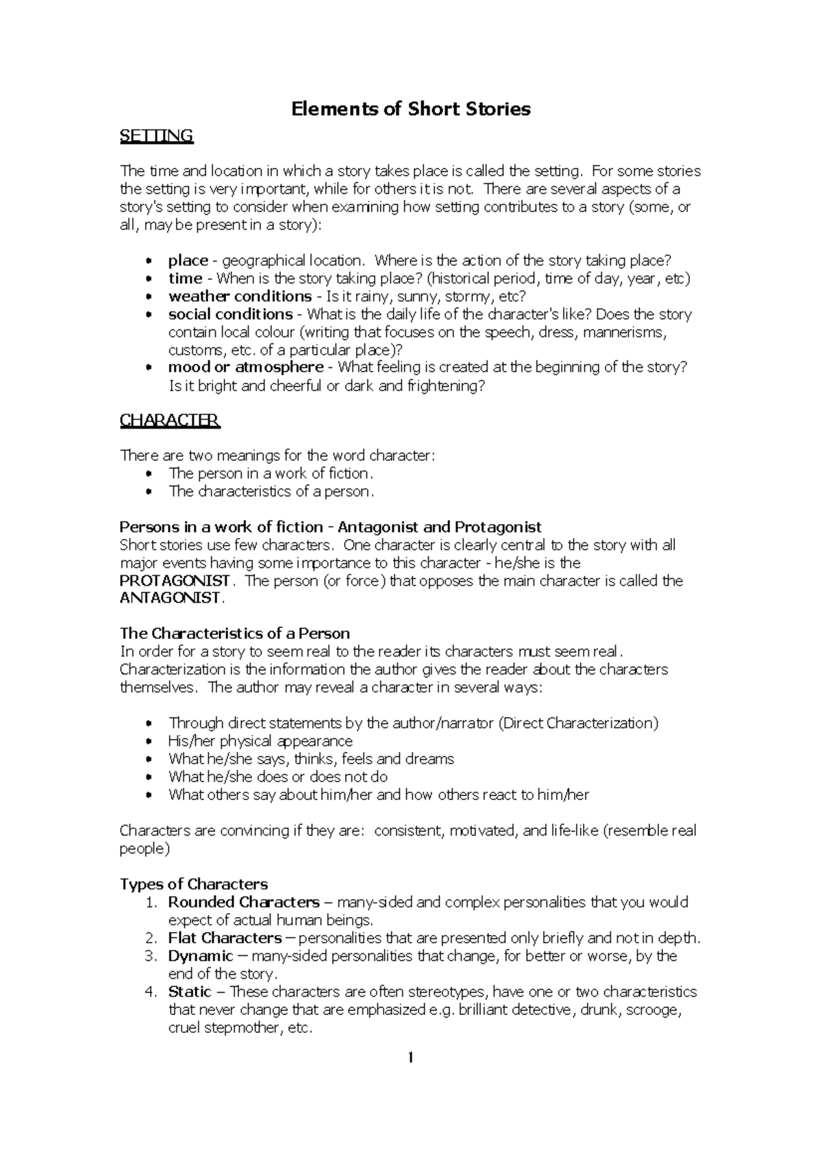 Elements of Short Stories - SETTING The time and location in which a ...