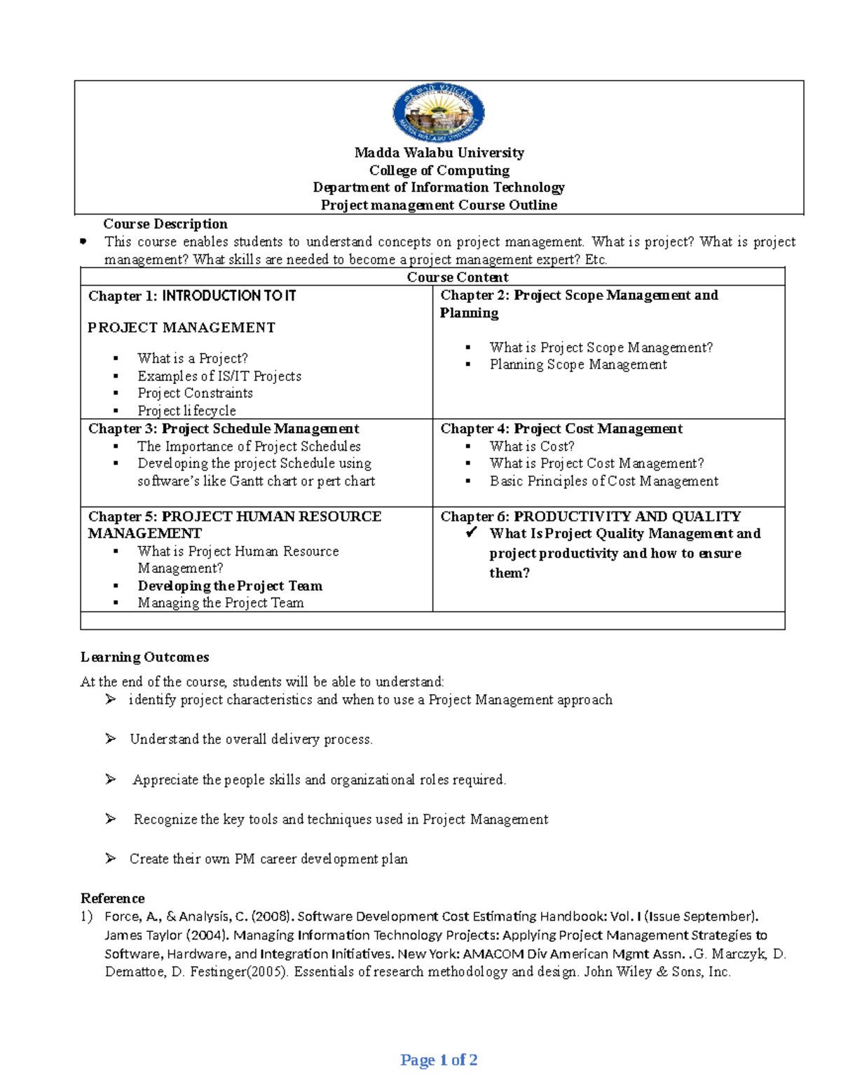 Project management course outline - Madda Walabu University College of ...