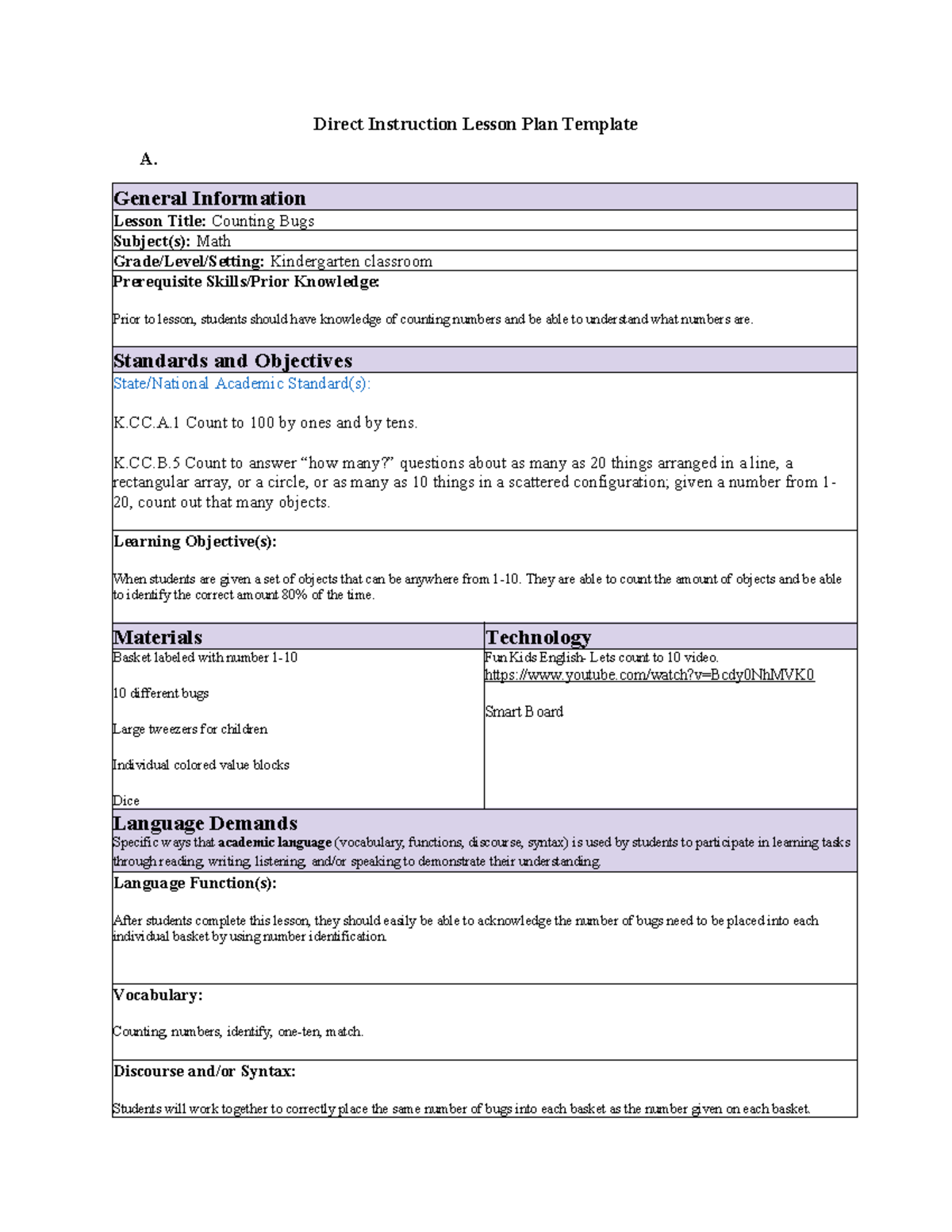 Math lesson plan - Direct Instruction Lesson Plan Template A. General ...