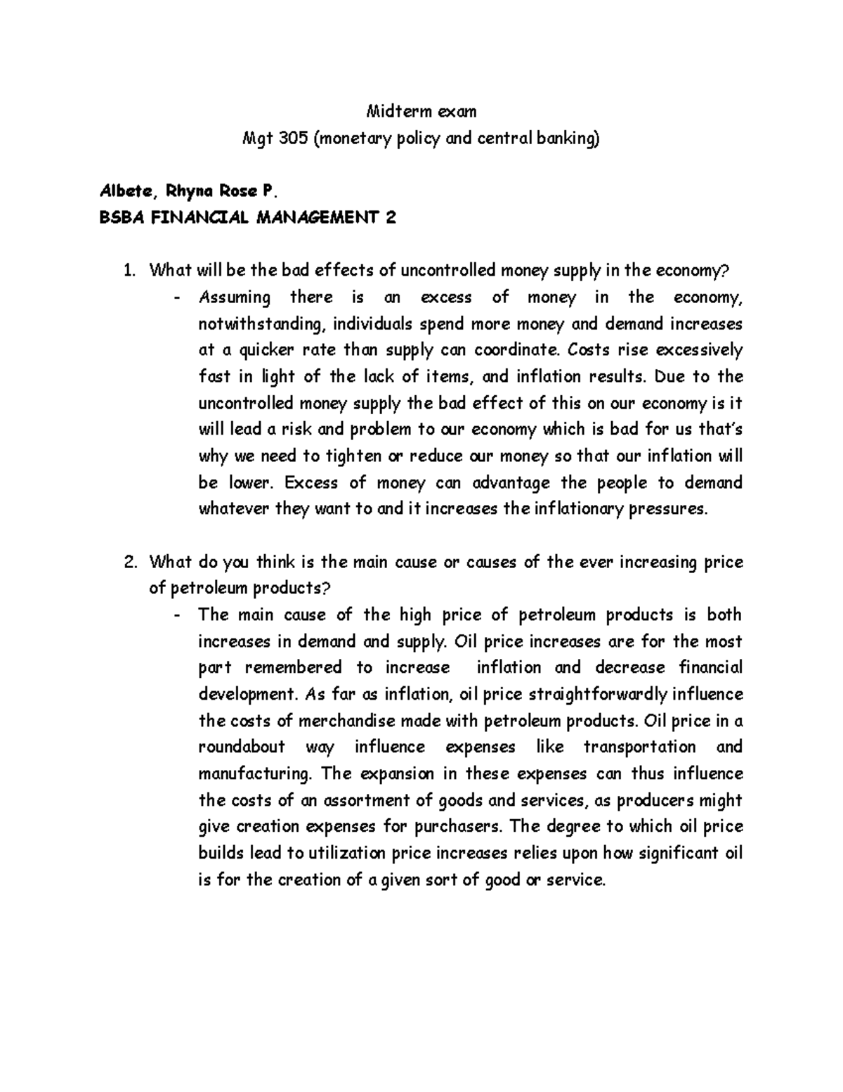 Taxation Midtern Examination - Midterm exam Mgt 305 (monetary policy ...