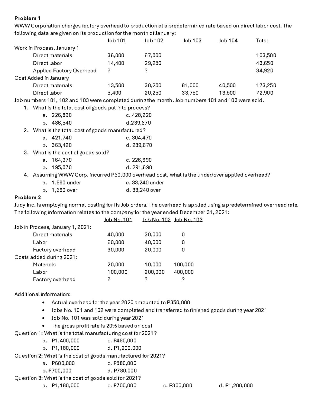 Chapter 4 Job order costing illustrative examples - Problem 1 WWW ...